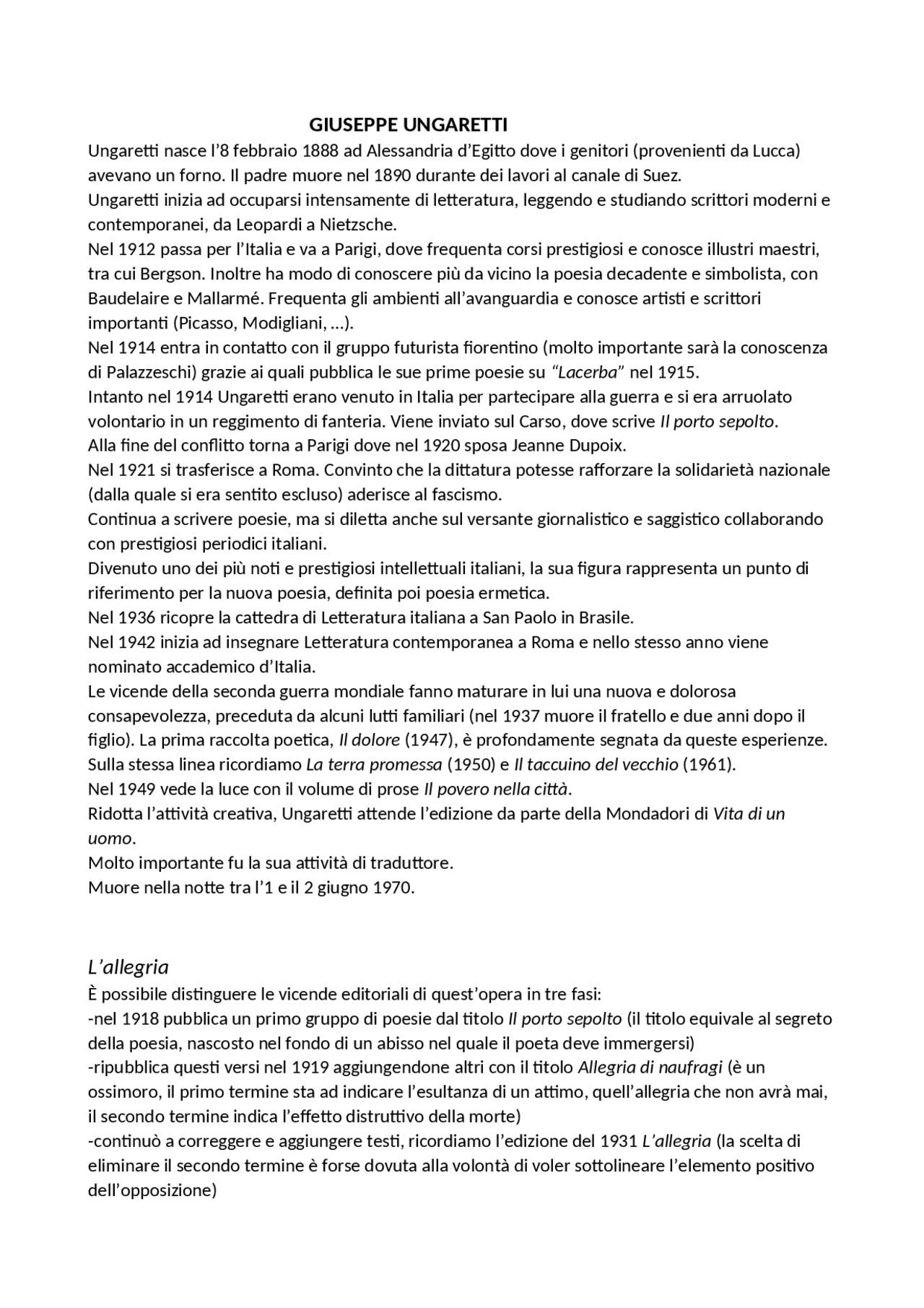 Giuseppe Ungaretti Appunti Appunti Di Italiano Docsity