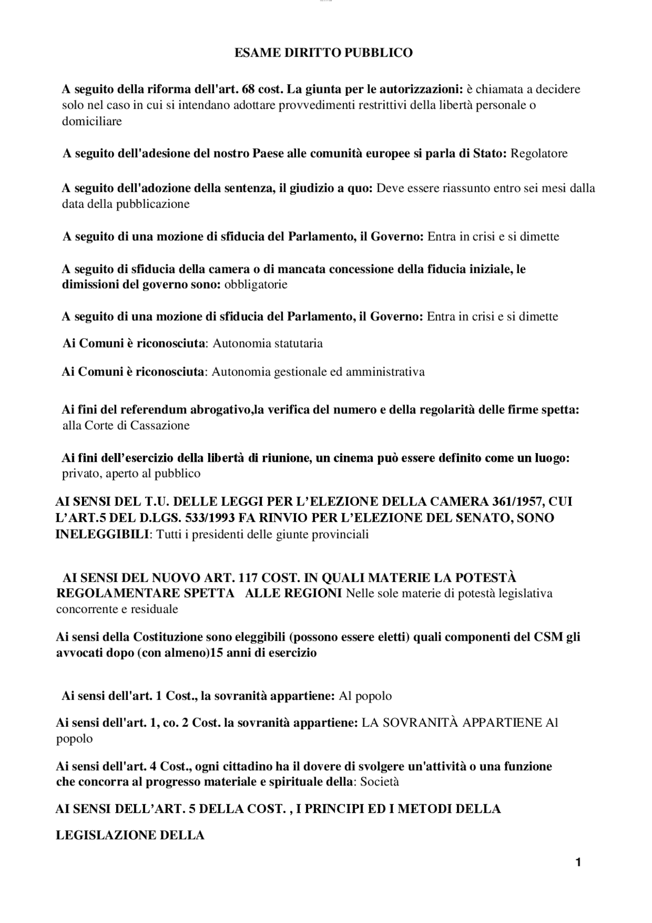 DIRITTO PUBBLICO AGGIORNATO | Prove d'esame di Diritto Pubblico | Docsity