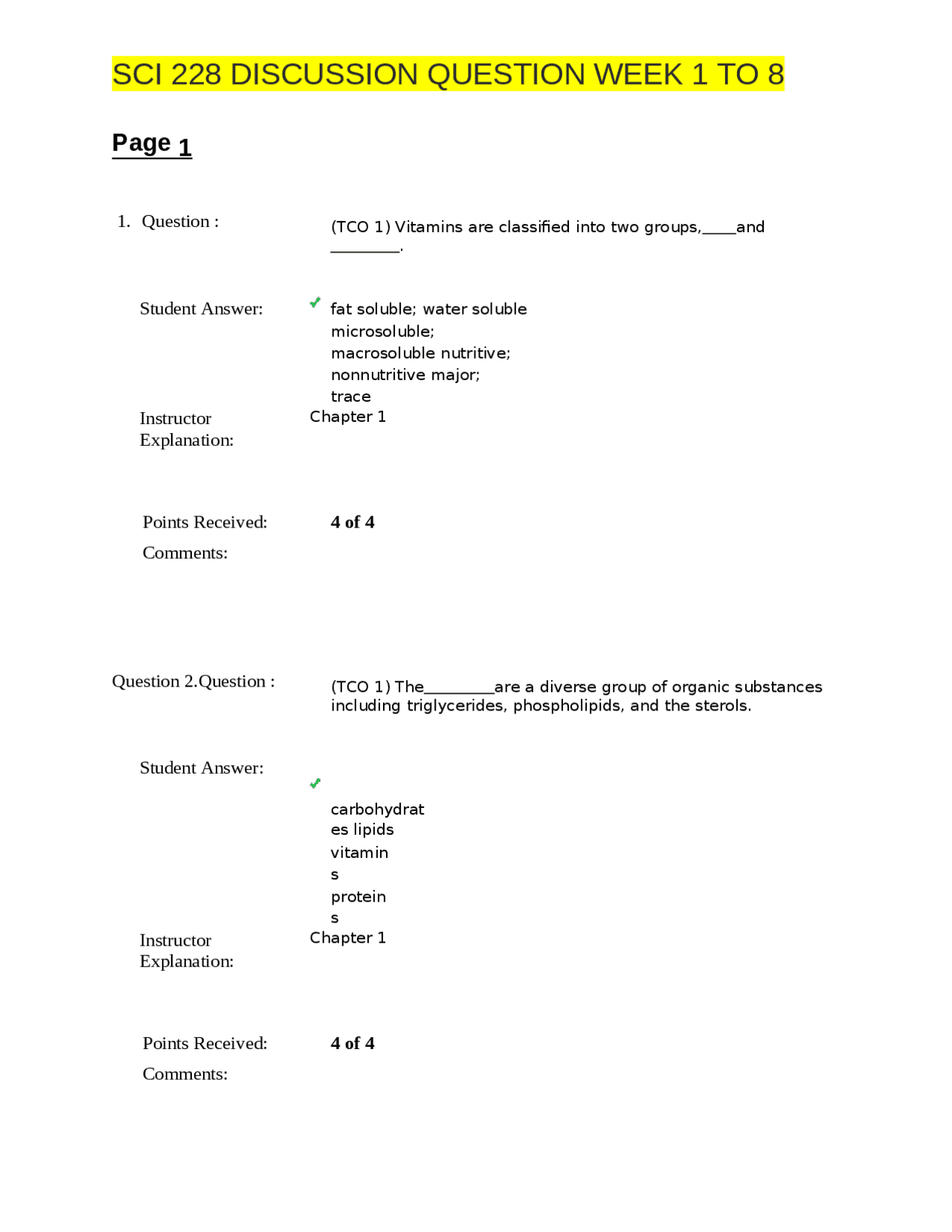 SCI 228 Discussion Questions Week 1-8 | Exams Food science | Docsity