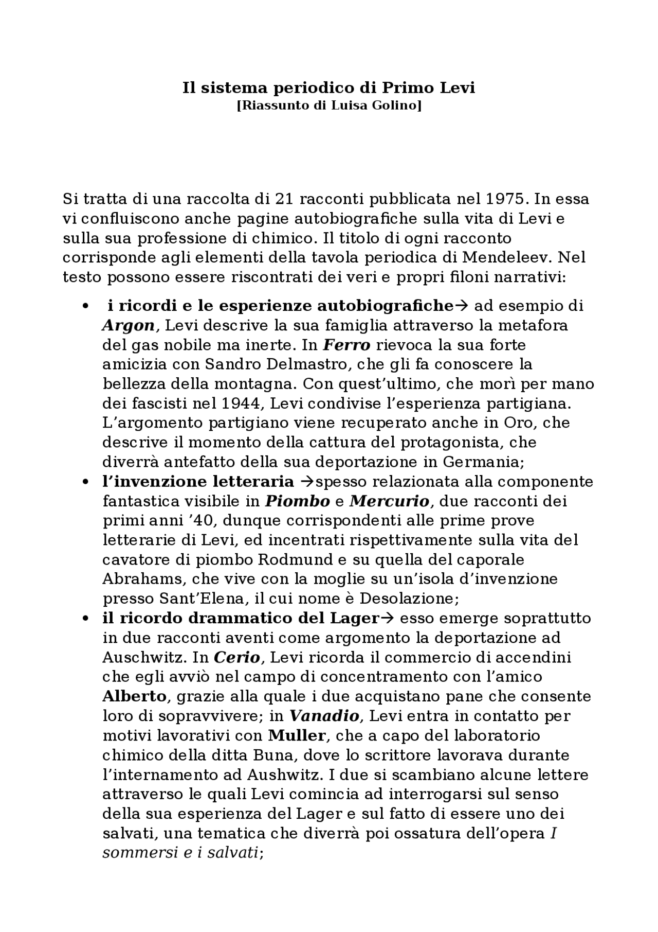 Il sistema periodico di Primo Levi | Schemi e mappe concettuali di ...