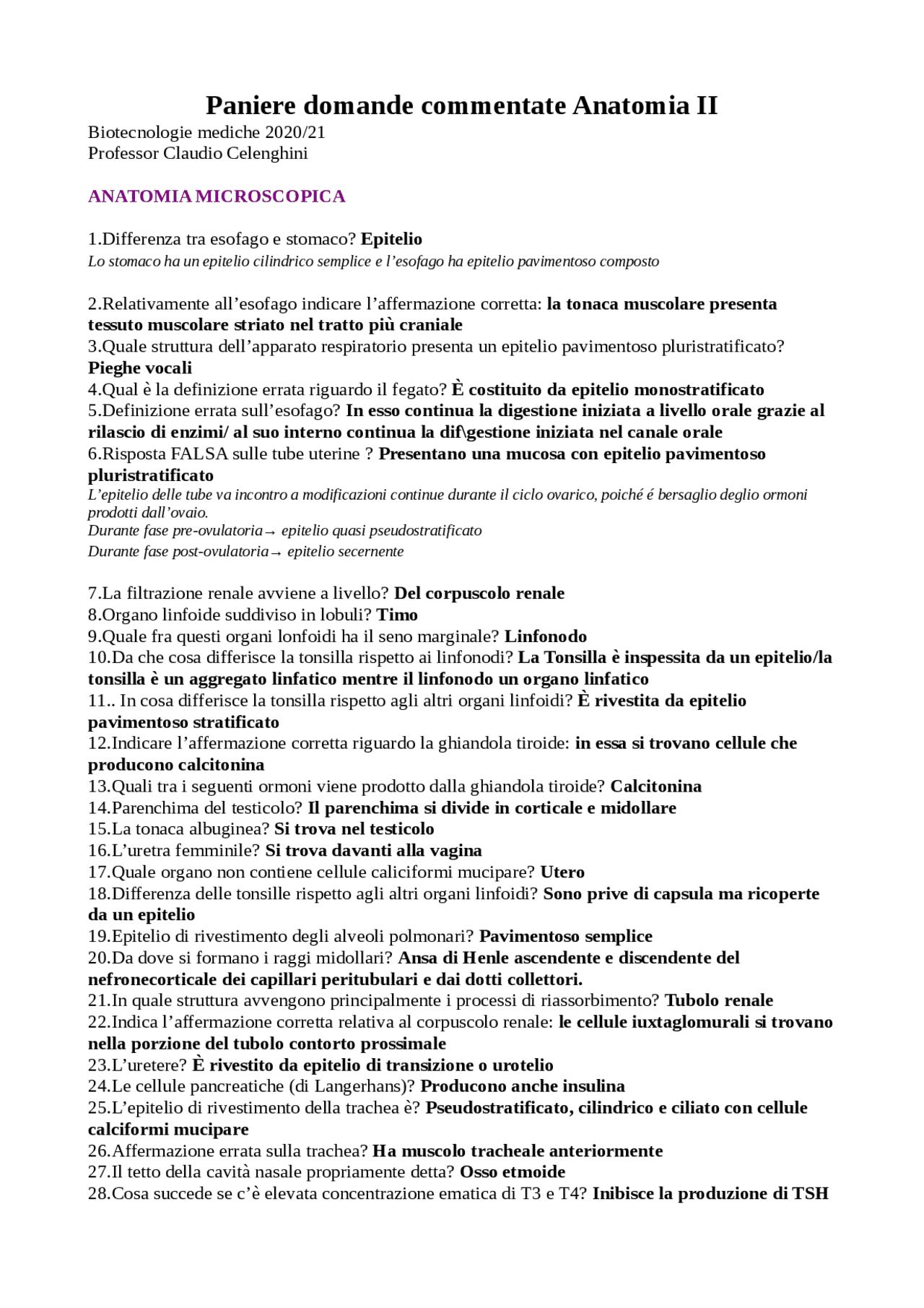 Paniere Domande Anatomia Applicata Panieri Di Anatomia Docsity