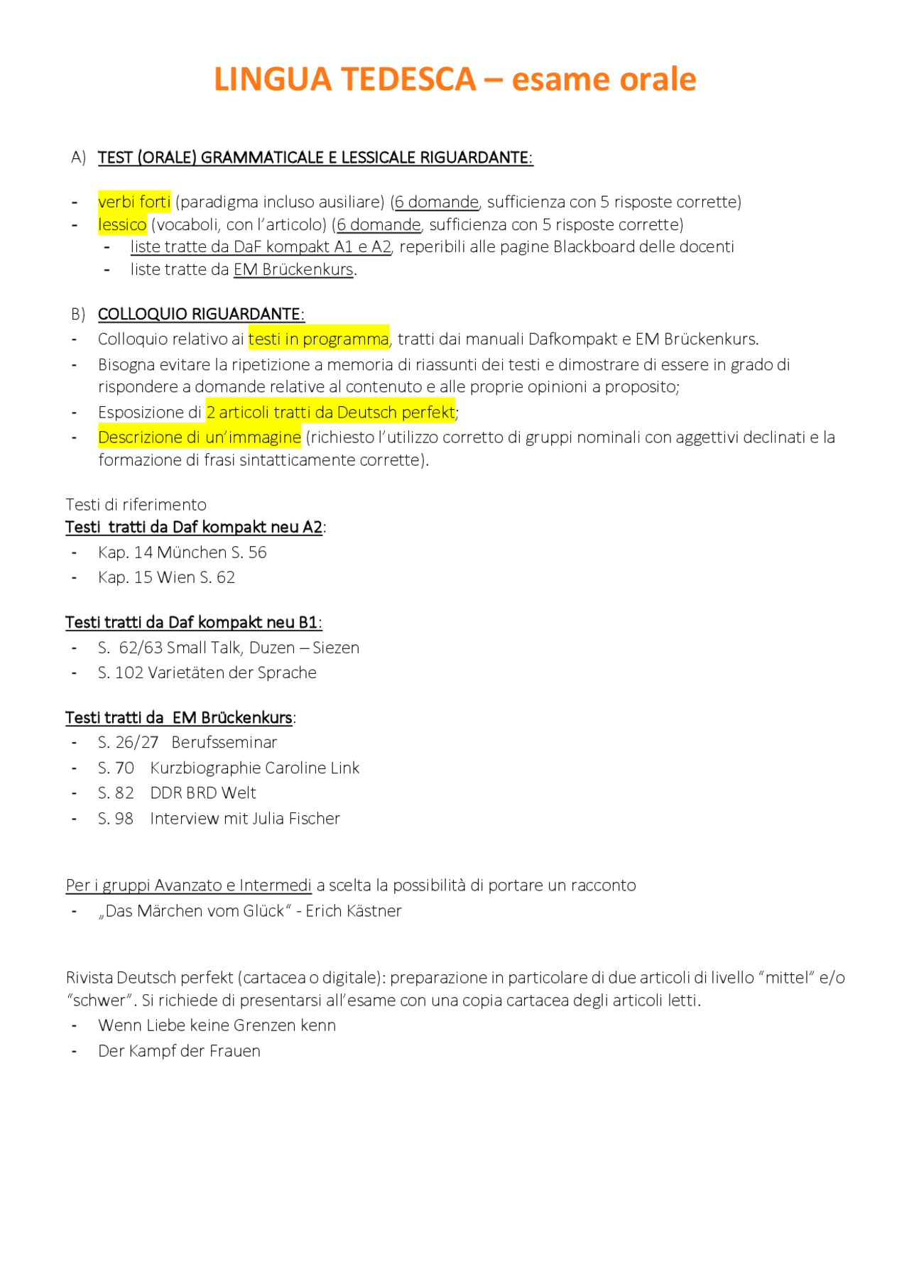 Lingua Tedesca 1 Orale Appunti Di Lingua Tedesca Docsity