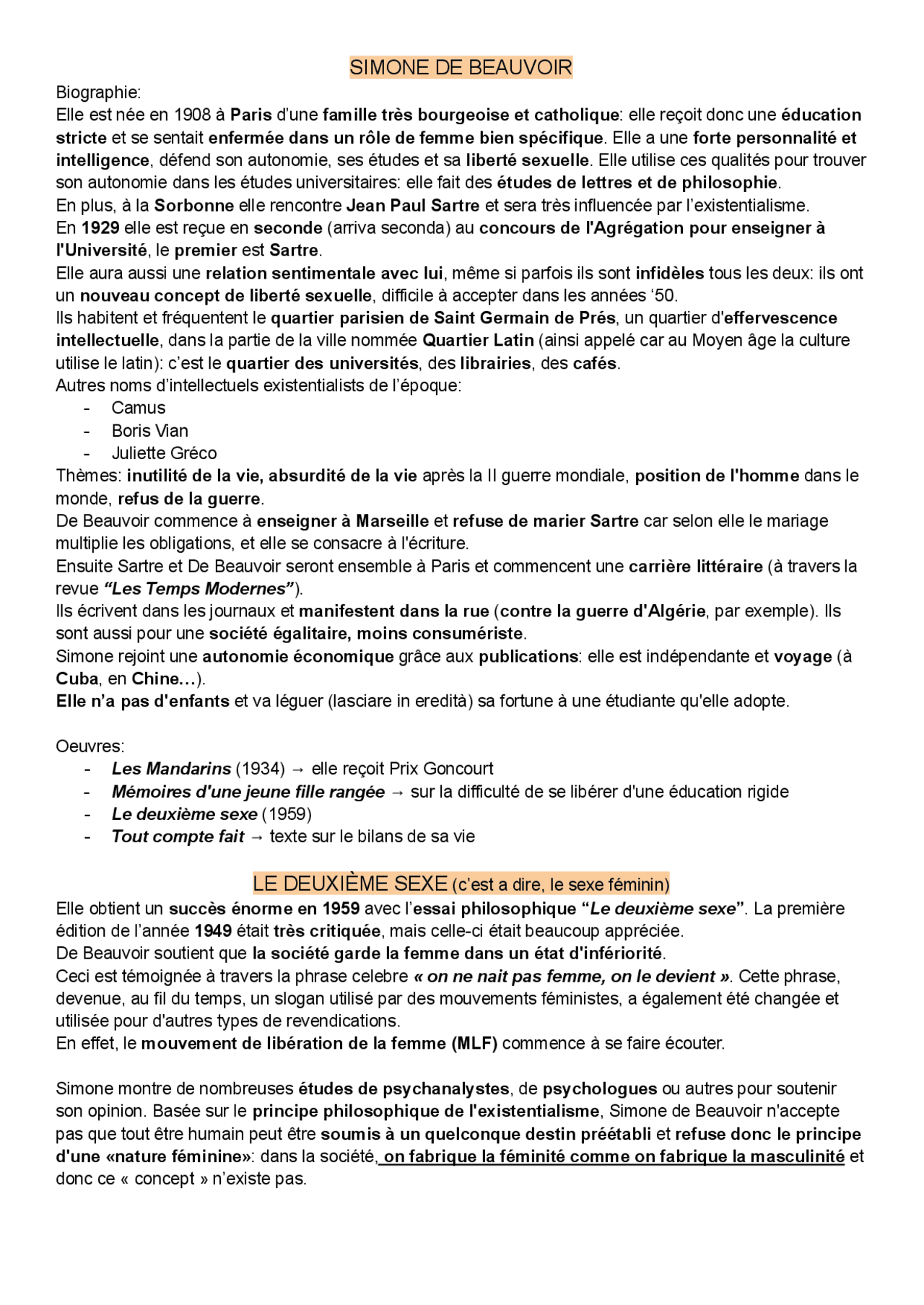 Simone de Beauvoir: biografia e opere | Appunti di Francese | Docsity