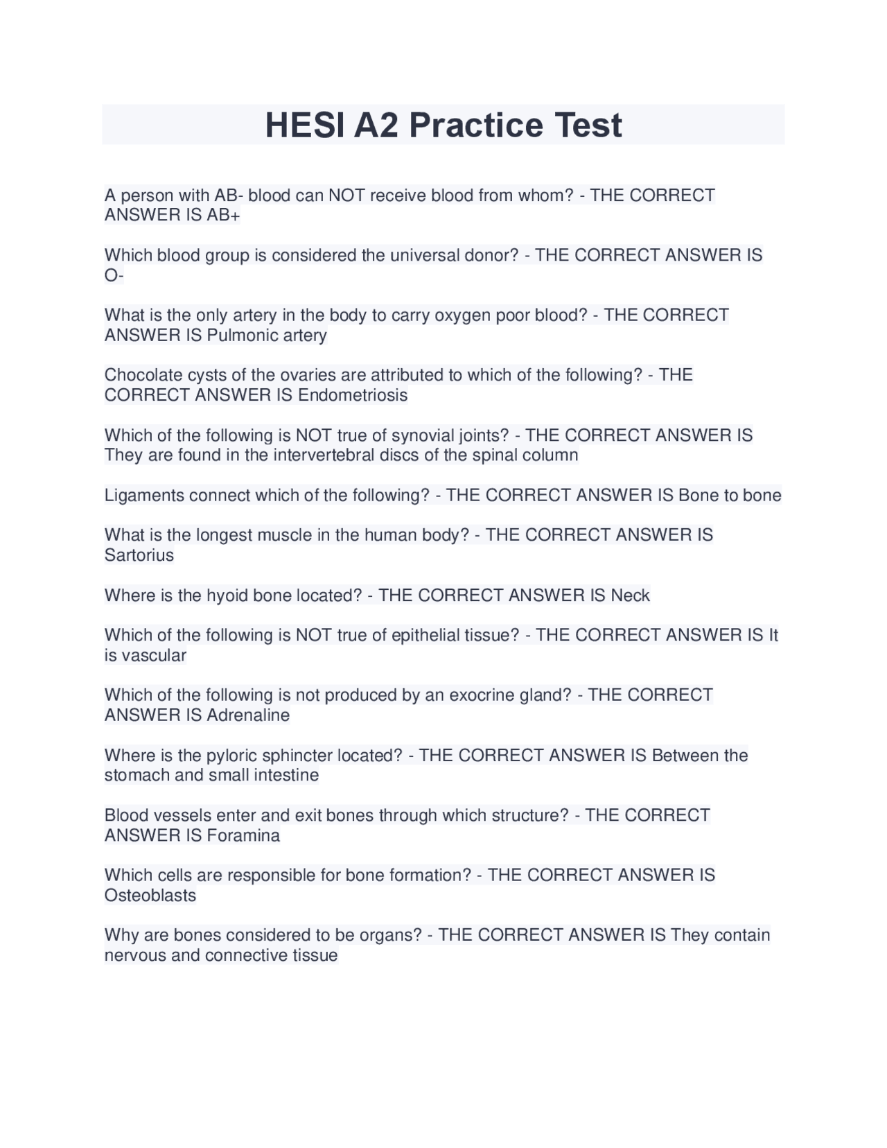 HESI A2 Practice Test | Exams Nursing | Docsity