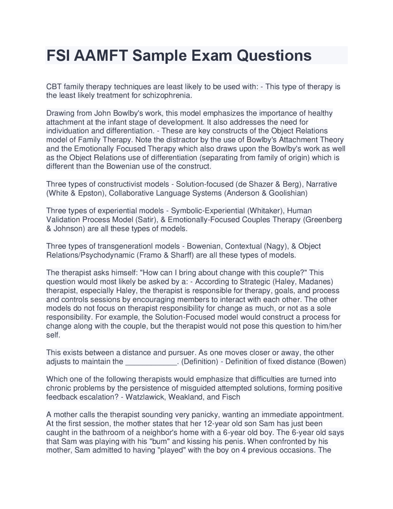 FSI AAMFT Sample Exam Questions and Answers 2022/2023 | Exams Nursing ...