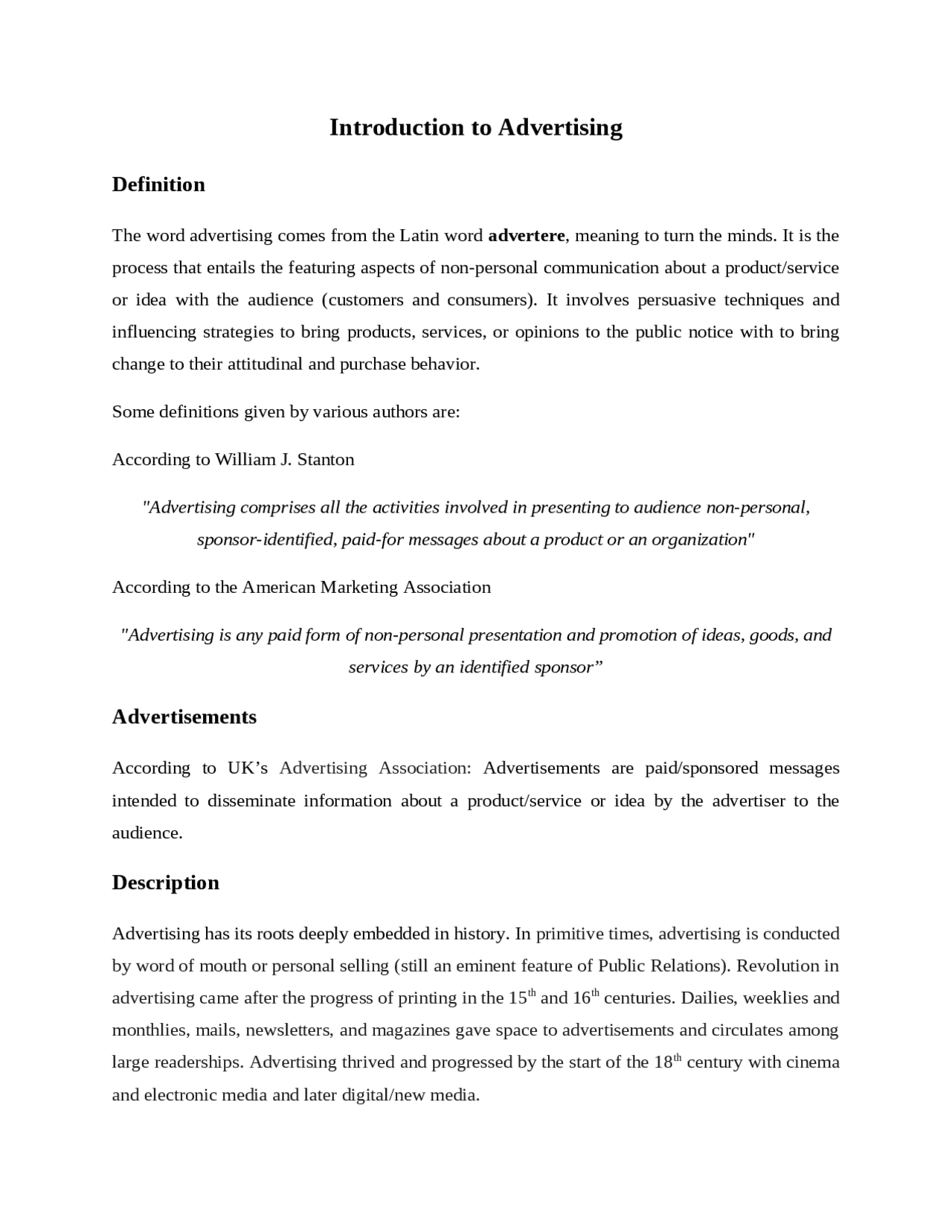 Introduction Of Advertising And Important Glossaries Lecture Notes