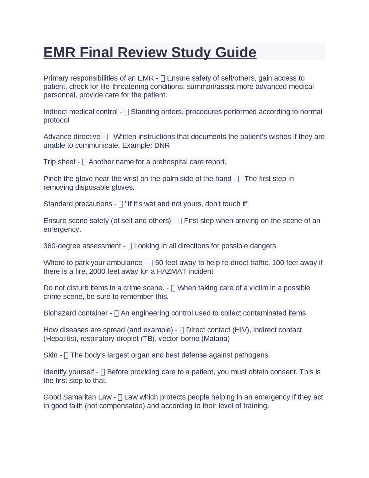 EMR Final Review Study Guide. | Exams Nursing | Docsity