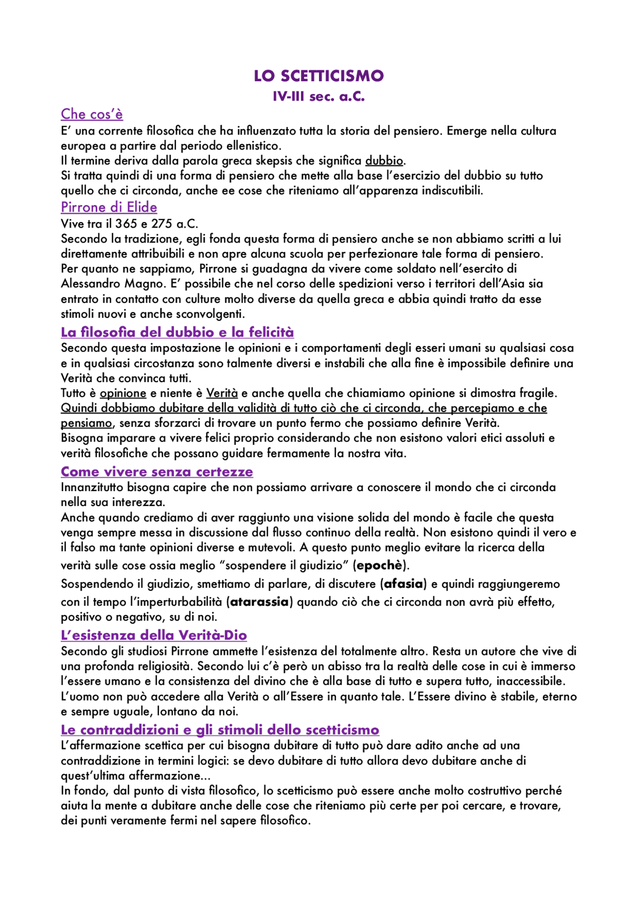 Lo scetticismo e suoi filosofi | Dispense di Filosofia | Docsity