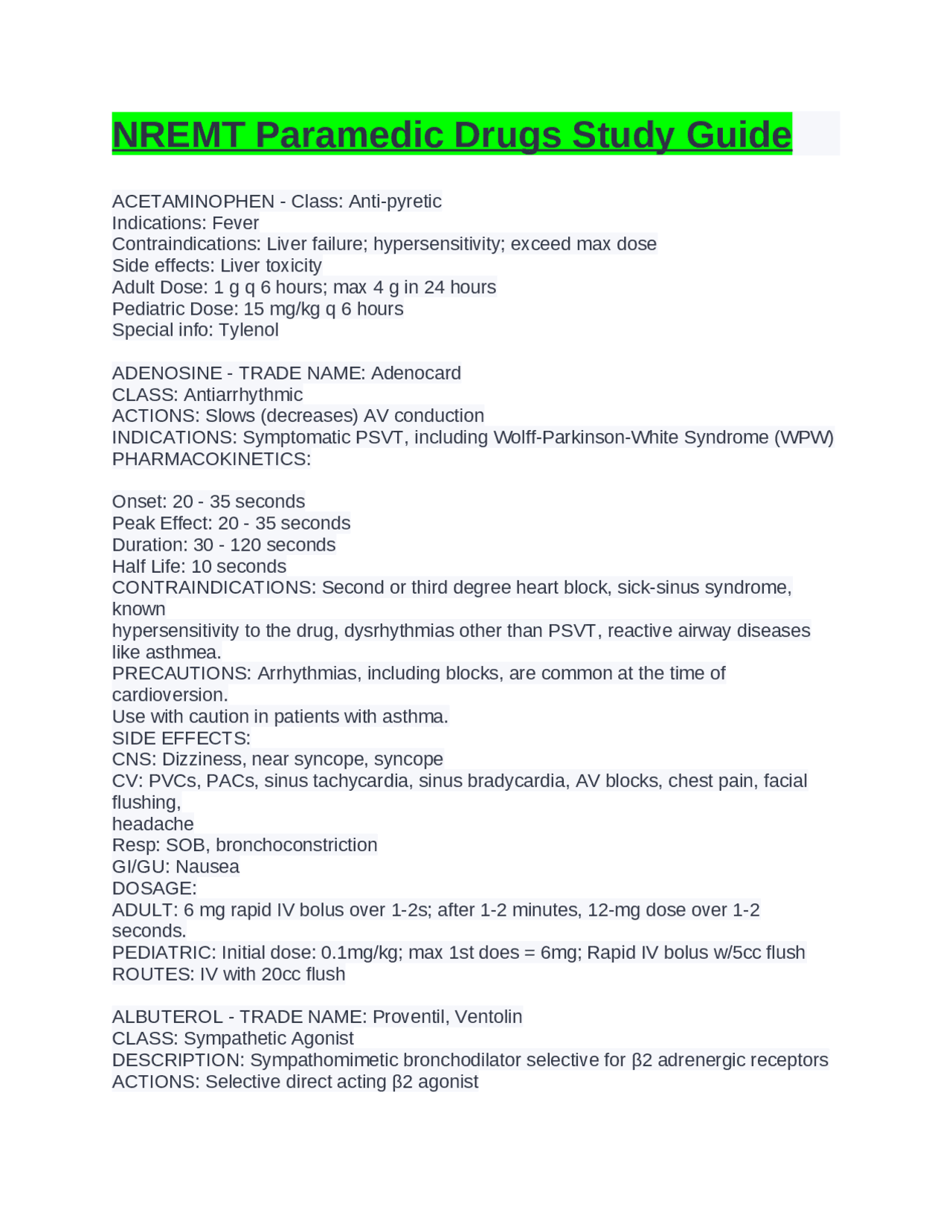 NREMT Paramedic Drugs Study Guide | Exams Nursing | Docsity