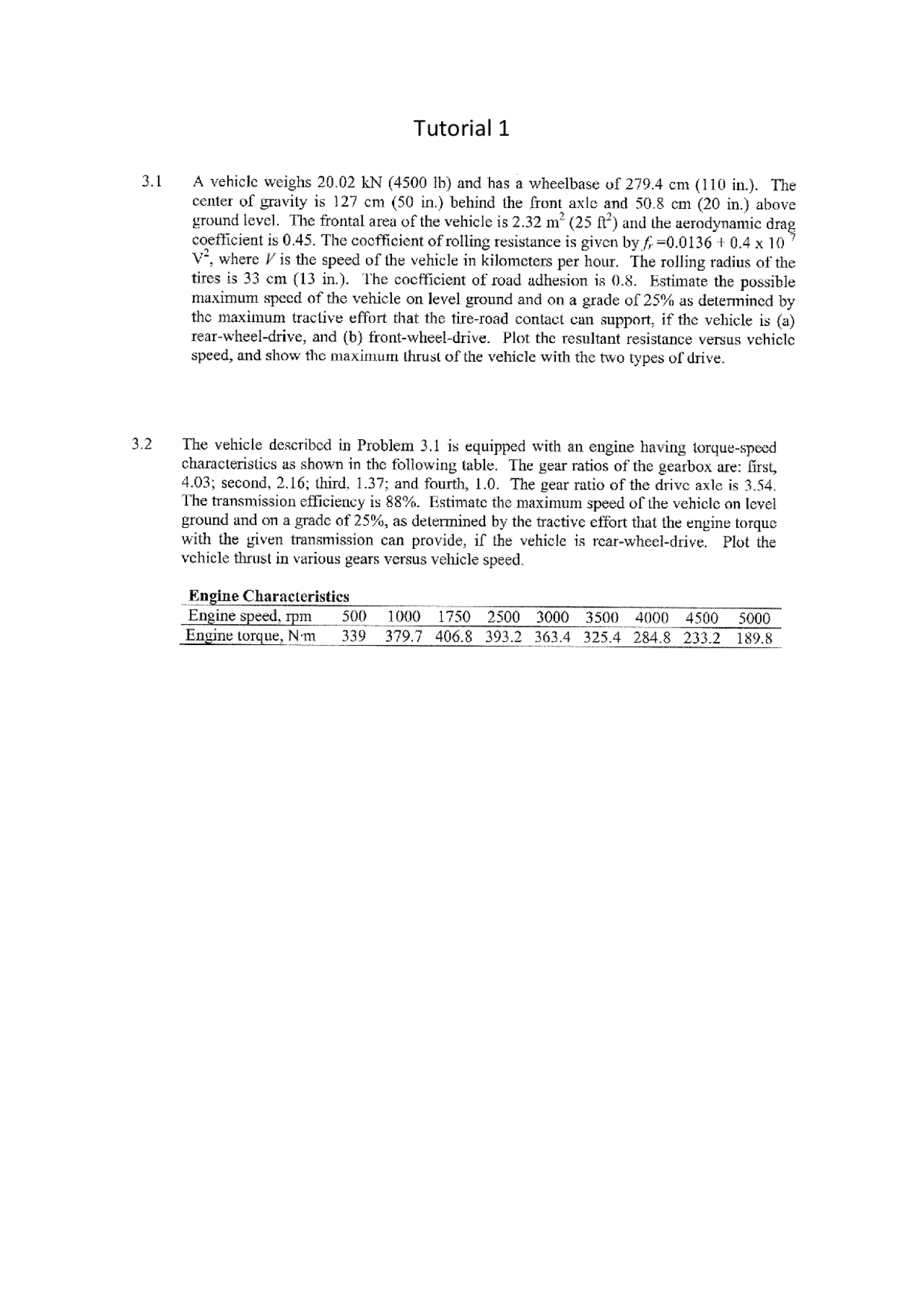 Tutorial 1 Automobile Engineering Exercises Automobile Engineering