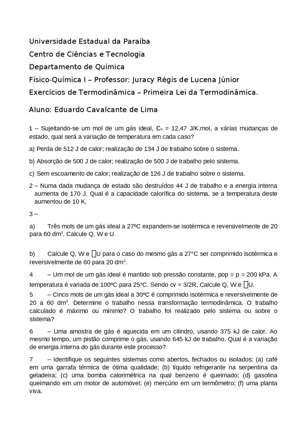 Lista De Exercício Respondida De Termodinâmica Parte 02 Docsity