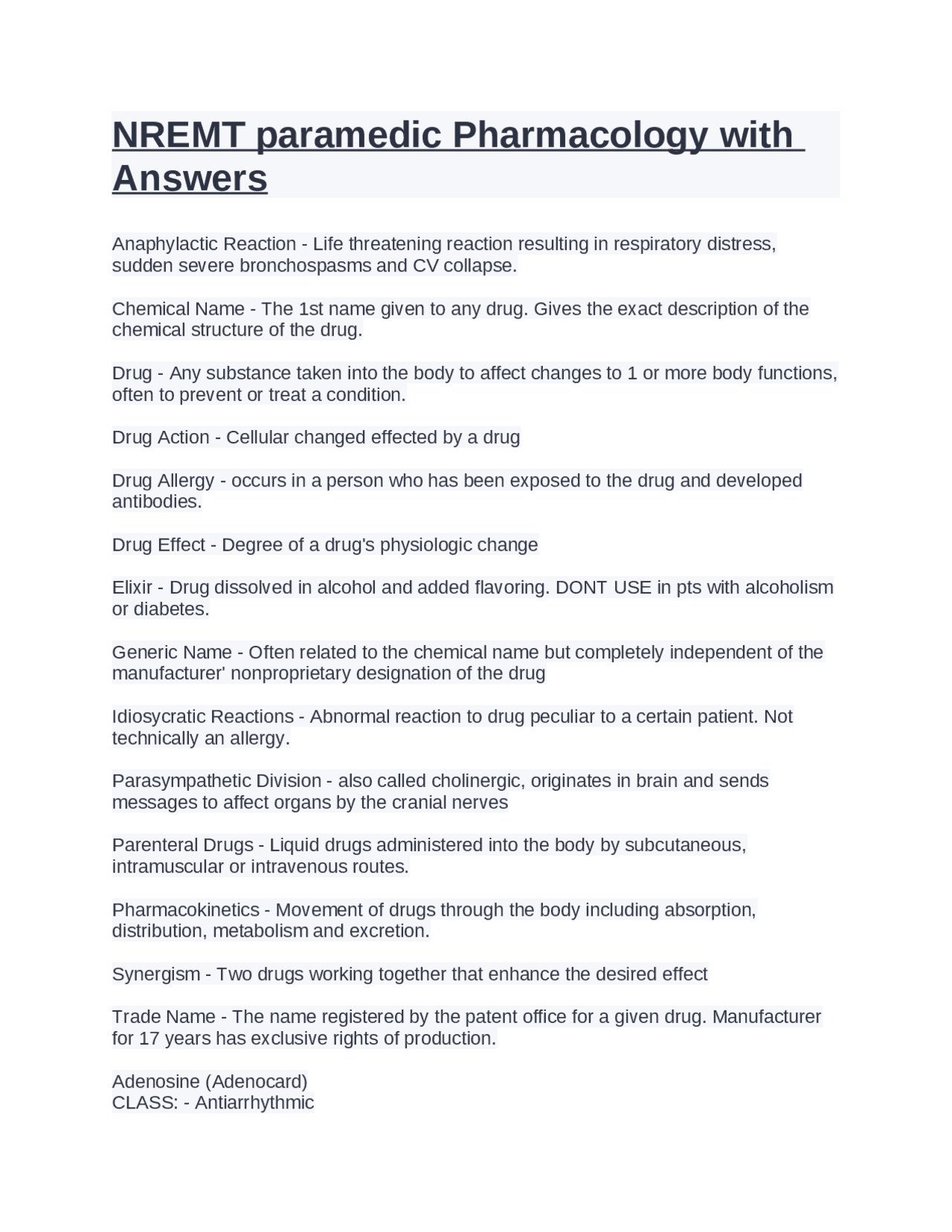 NREMT paramedic Pharmacology with Answers. | Exams Nursing | Docsity