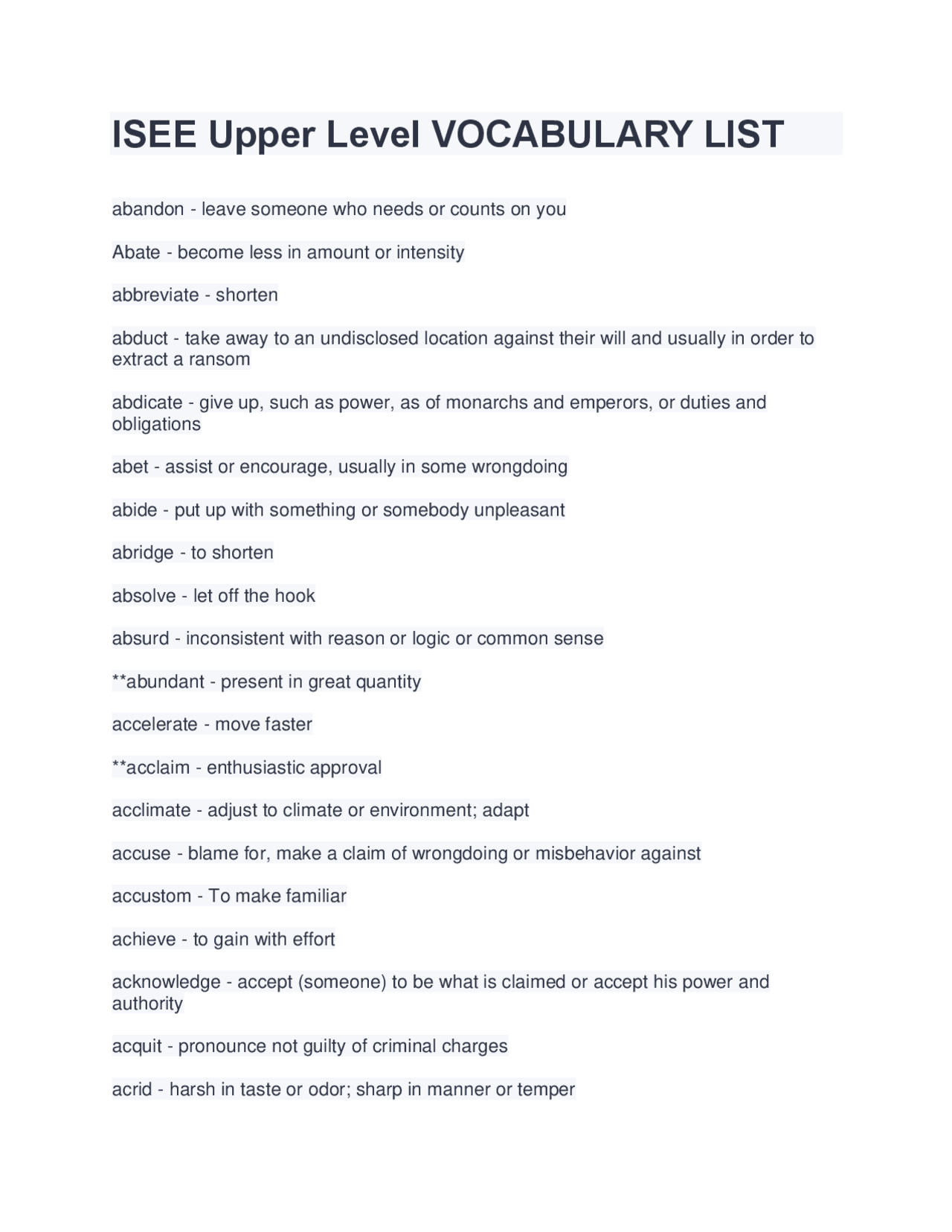 ISEE Upper Level VOCABULARY LIST 2022 2023 Exams Nursing Docsity ISEE Upper Level VOCABULARY LIST 2022 2023 Exams Nursing Docsity