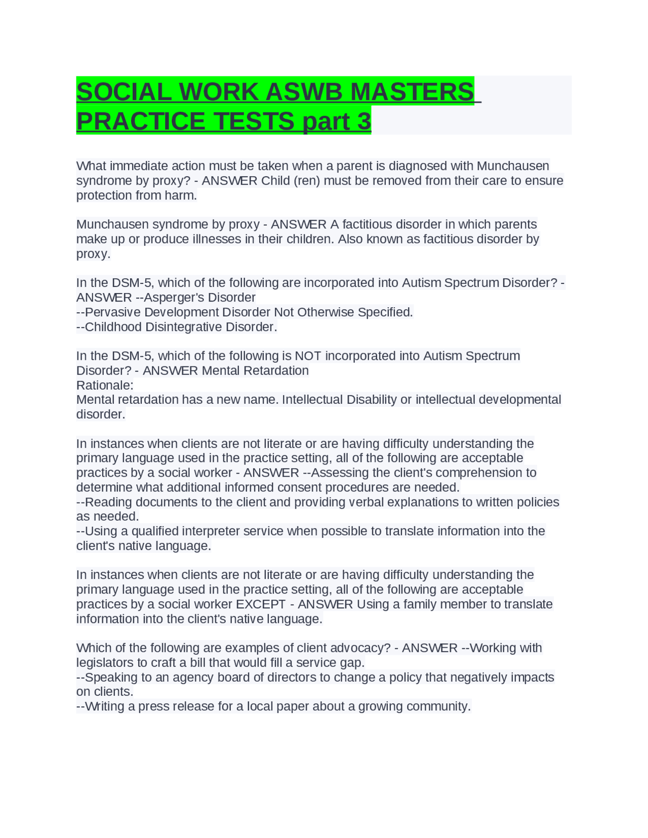 SOCIAL WORK ASWB MASTERS PRACTICE TESTS part 3. with Answers | Exams ...