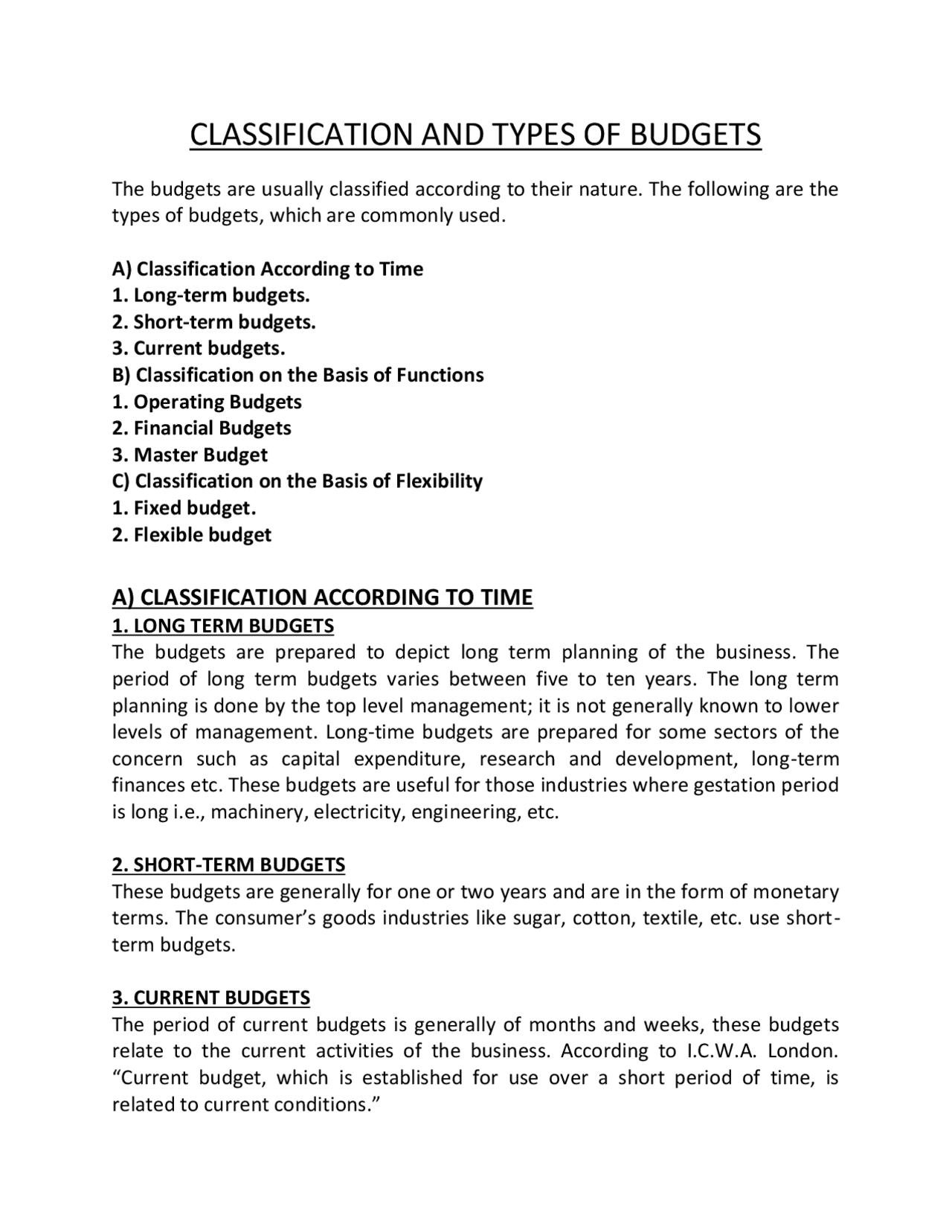 Classification And Types Of Budgets Lecture Notes Introduction To