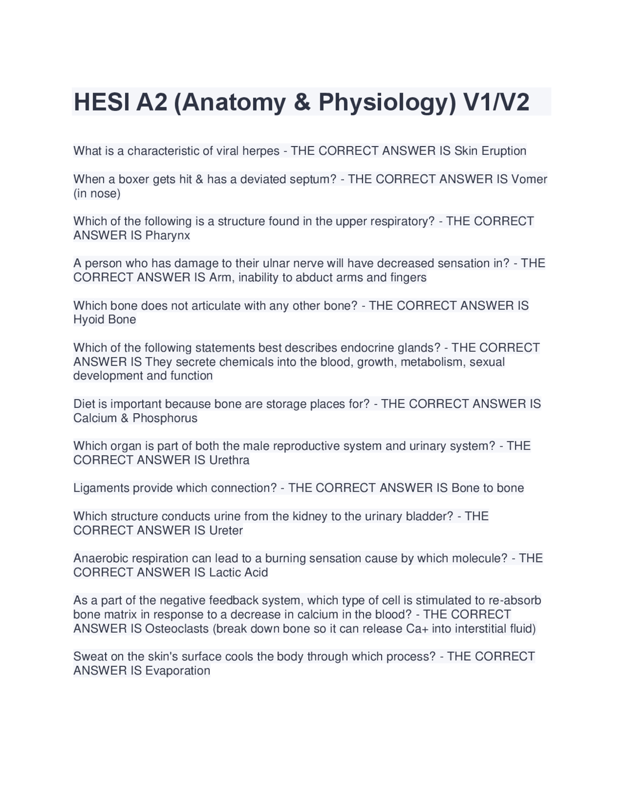 HESI A2 (Anatomy & Physiology) V1/V2 | Exams Nursing | Docsity