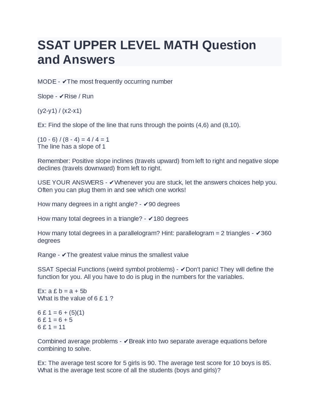 SSAT UPPER LEVEL MATH Question and Answers | Exams Nursing | Docsity