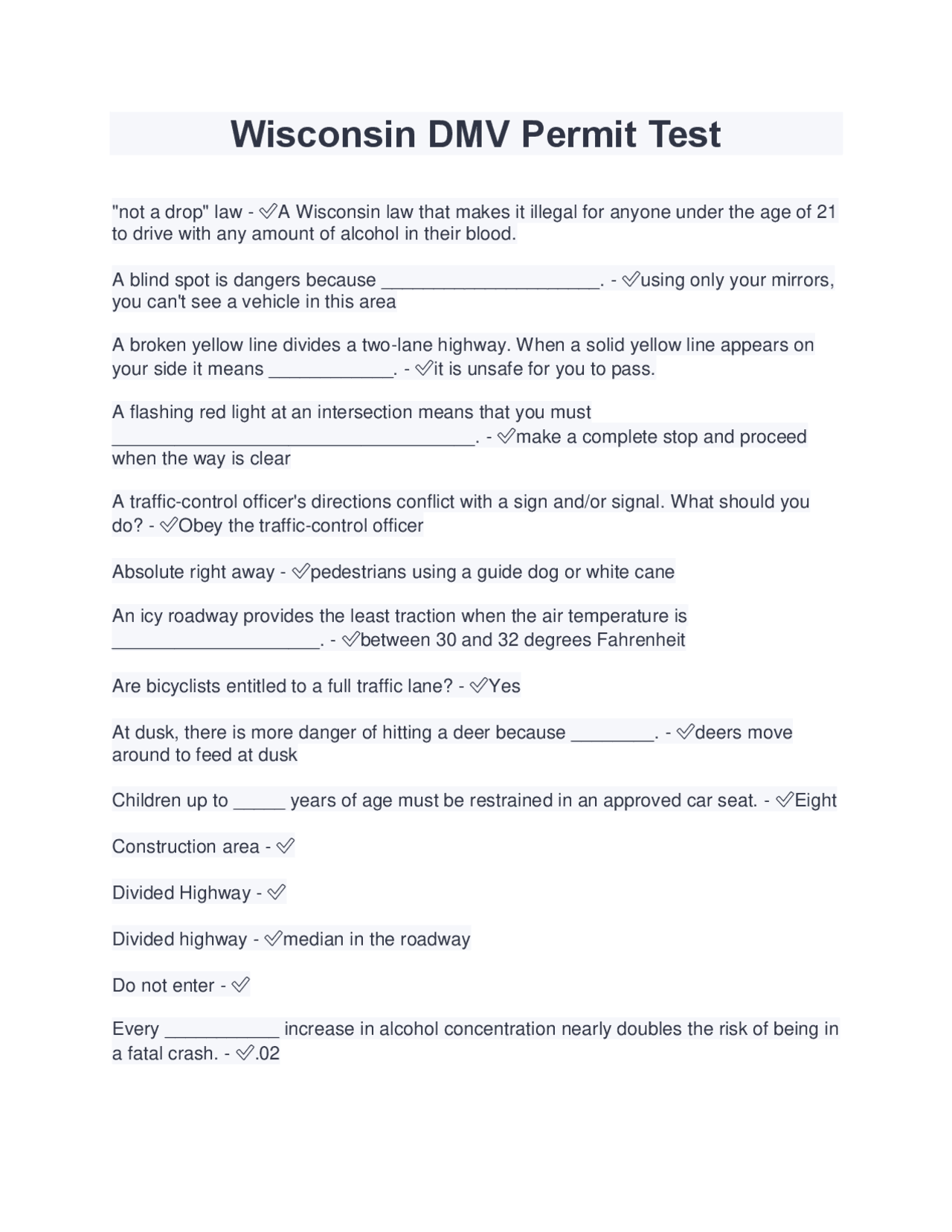 Wisconsin DMV Permit Test (Latest 2022/2023) Verified Answers by Expert ...