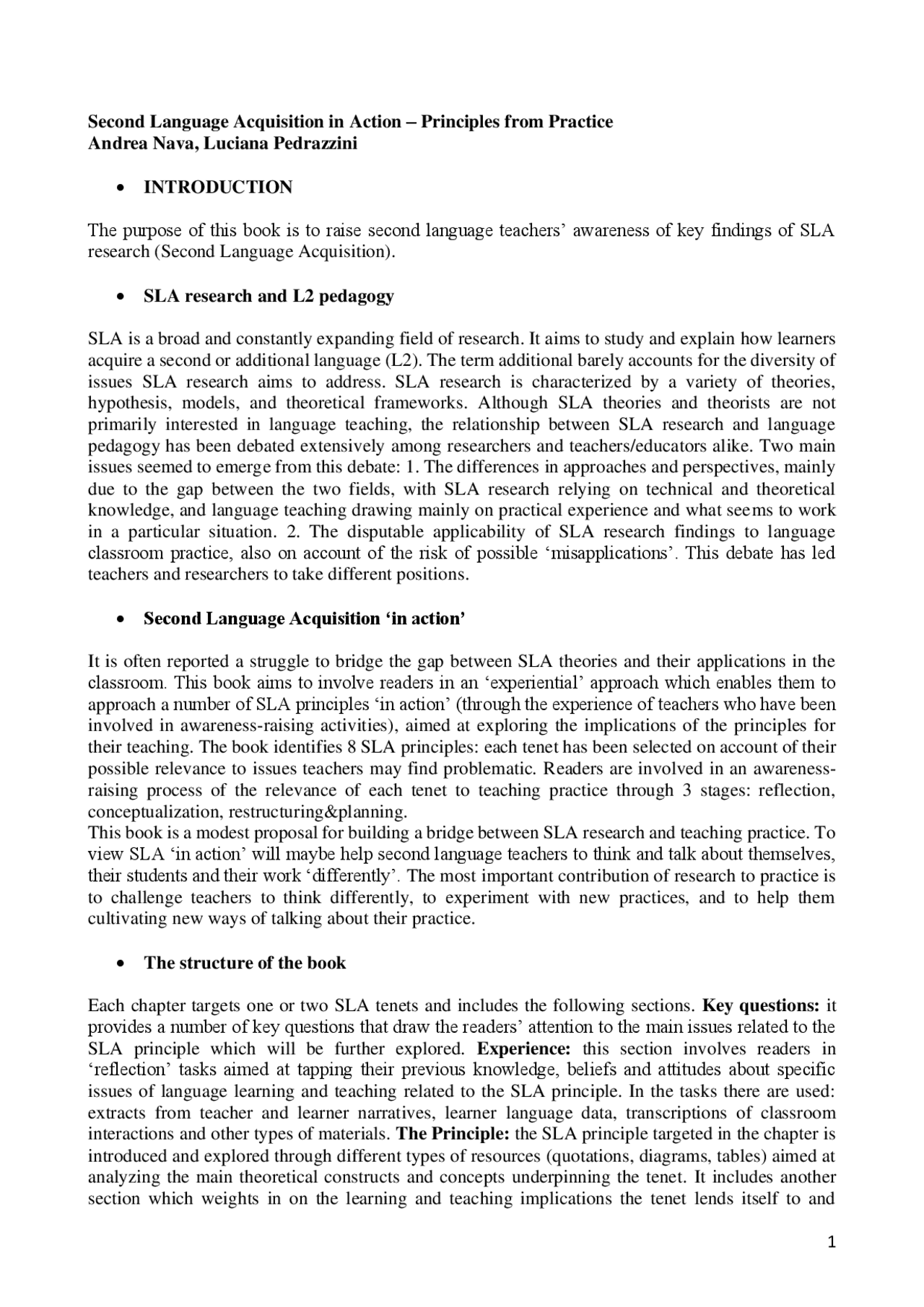 Riassunto Del Libro Second Language Acquisition In Action Principles