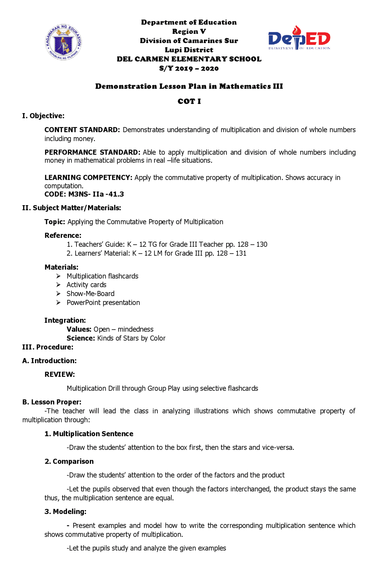 Lesson Plan in Commutative Property of Multiplication | Study notes ...