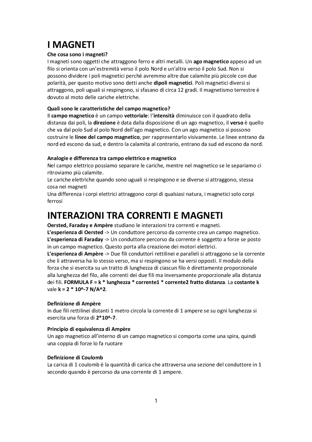 Magnetismo e interazioni tra correnti e magneti | Appunti di Fisica | Docsity