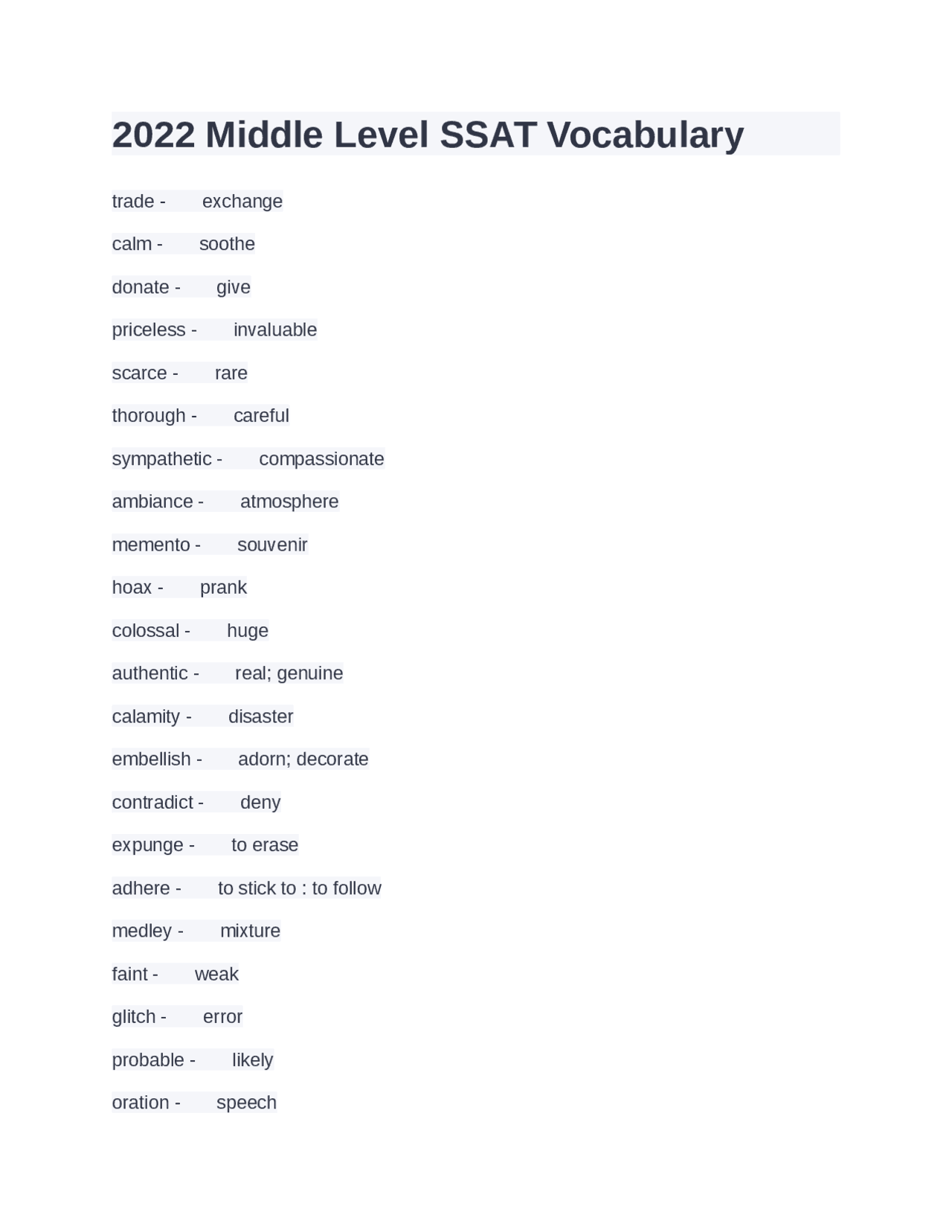 2022 Middle Level SSAT Vocabulary Exams Nursing Docsity 2022 Middle Level SSAT Vocabulary Exams Nursing Docsity