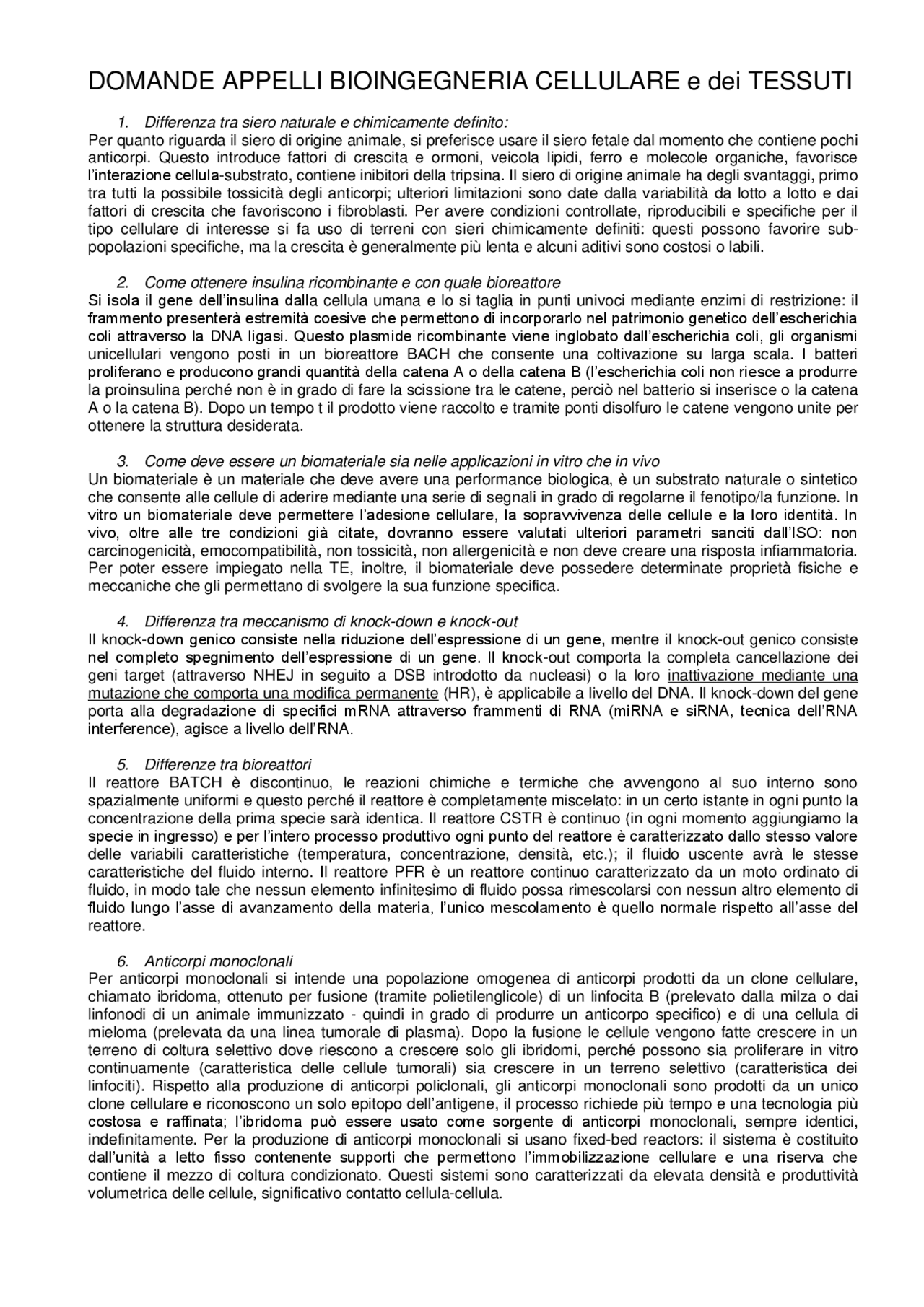 Domande E Risposte Dellesame Di Bioingegneria Cellulare E Dei Tessuti