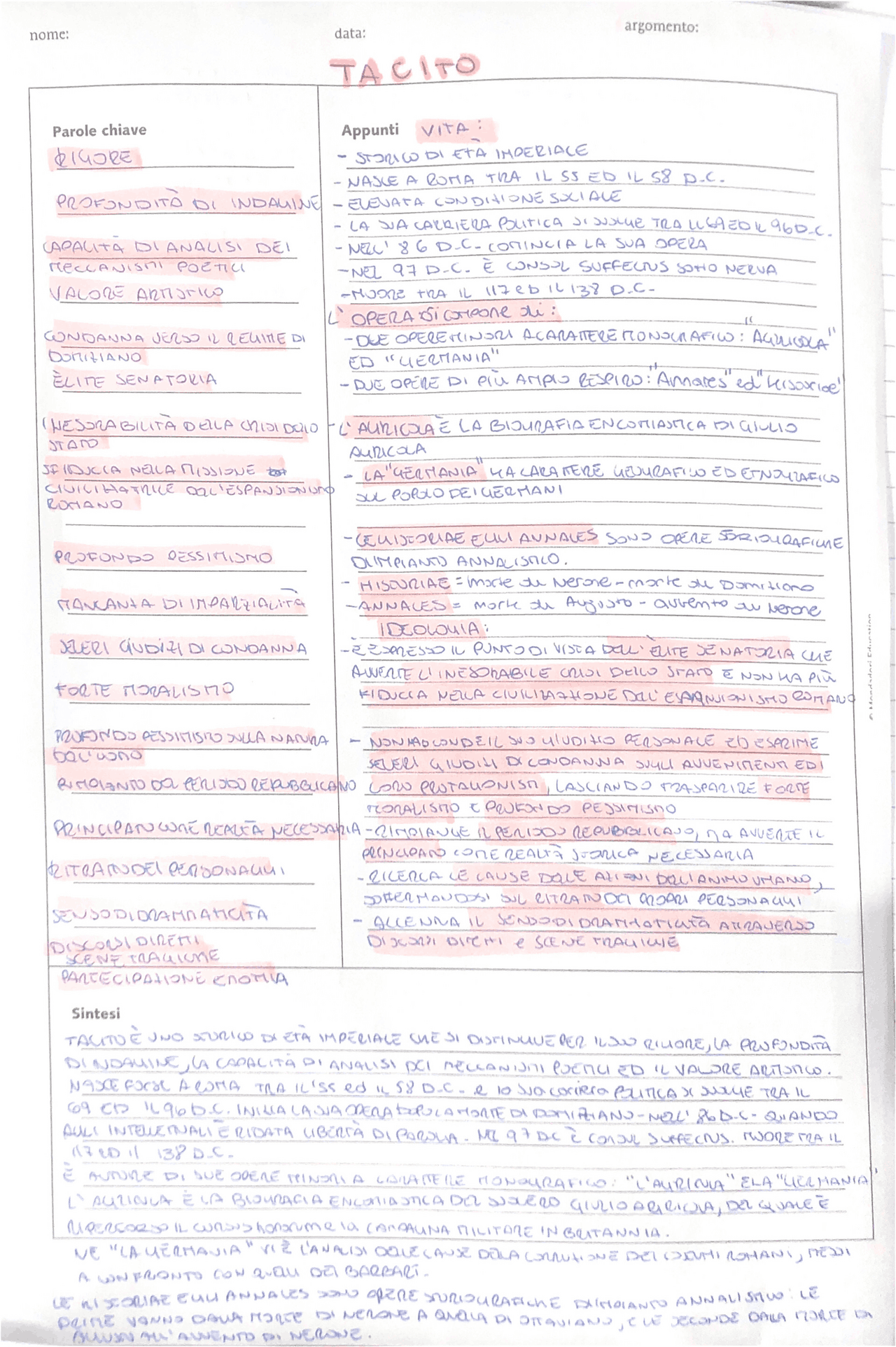 Tacito Schema Riassuntivo Schemi E Mappe Concettuali Di Latino Docsity