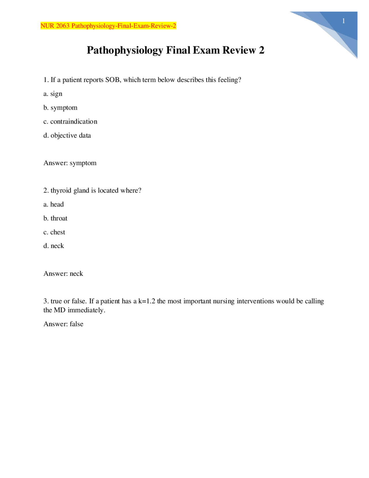 NUR 2063 Pathophysiology-Final-Exam-Review-2 Graded A Plus | Exams ...
