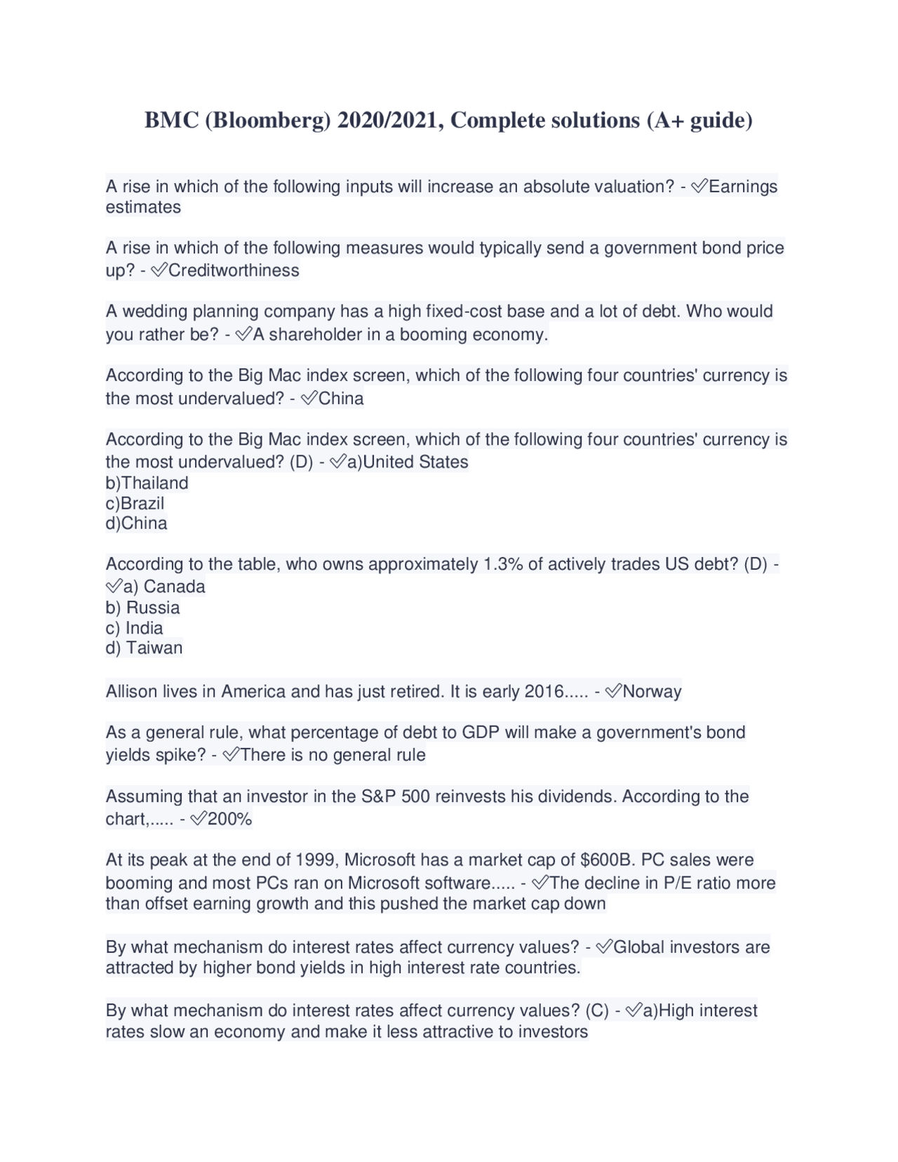 BMC (Bloomberg) Exam 2022/2023, Complete solutions (A+ guide) | Exams ...