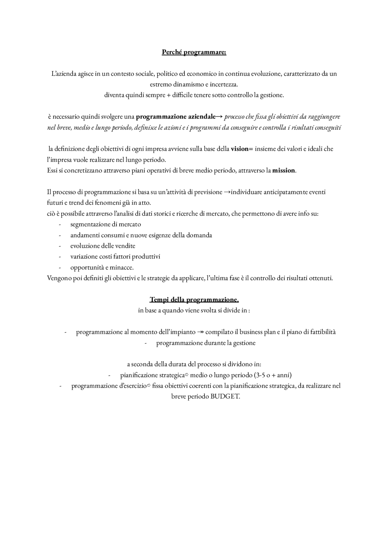 Programmazione aziendale | Appunti di Economia aziendale - Docsity