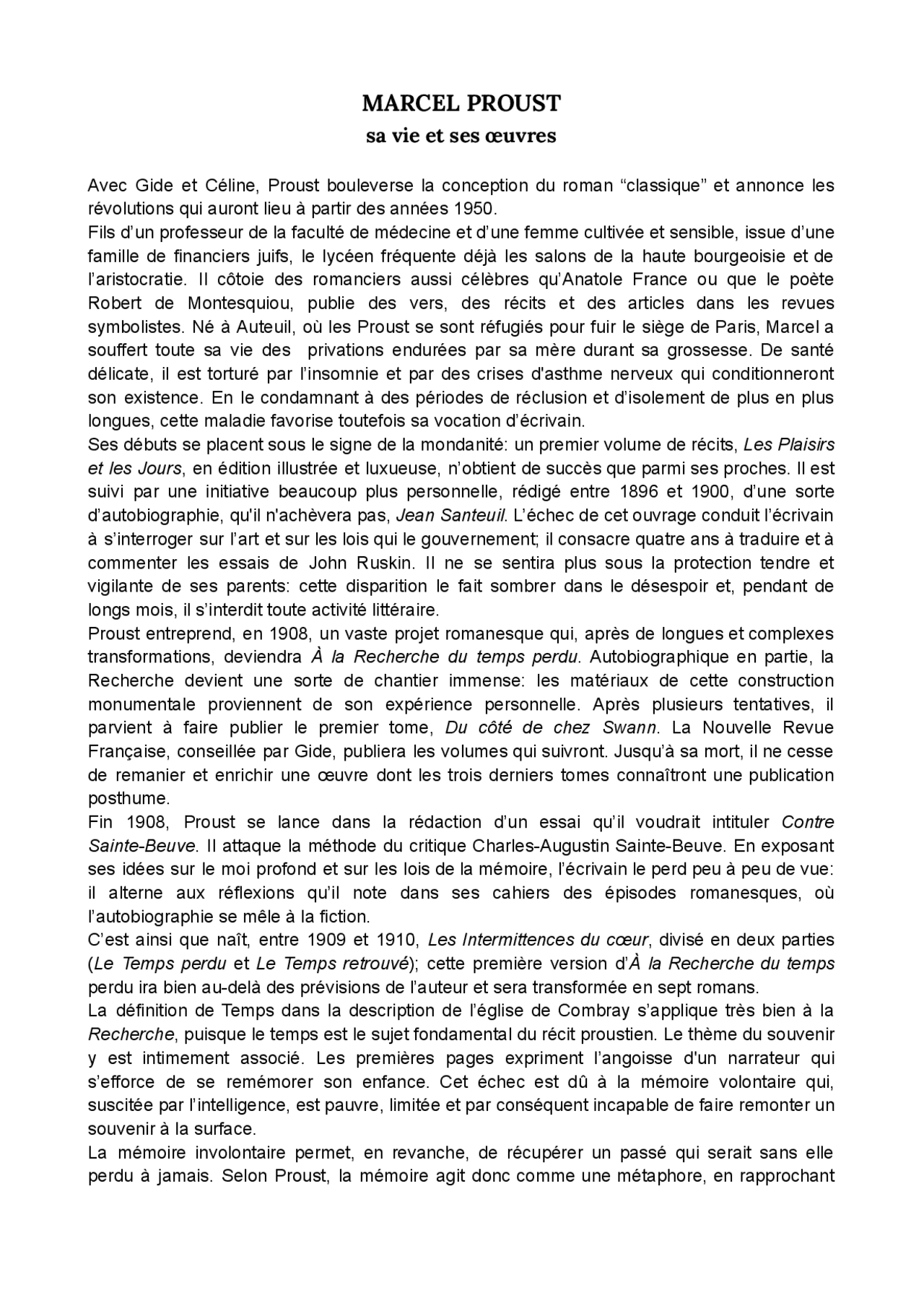 Marcel Proust - sa vie et ses oeuvres | Appunti di Francese | Docsity