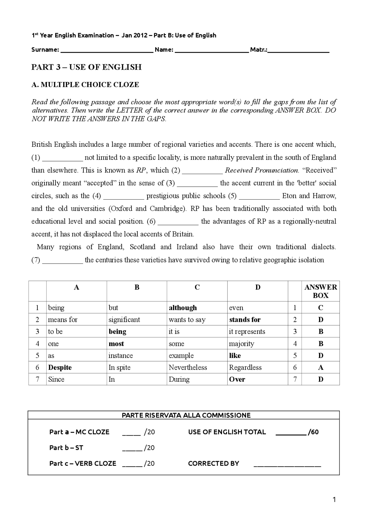Soluzioni simulazione seconda parte esame inglese 1 | Prove d'esame di Lingua Inglese | Docsity