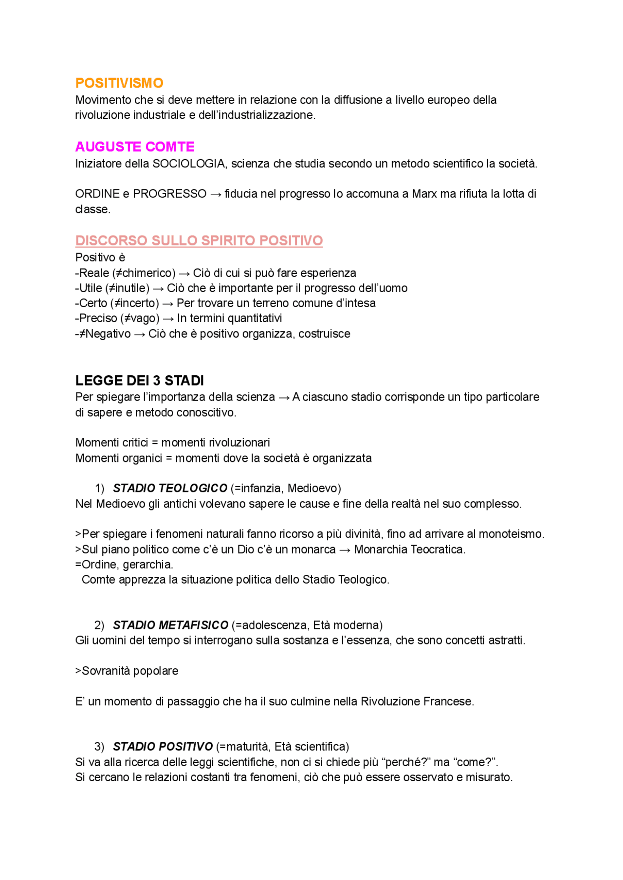 Positivismo E Auguste Comte Appunti Di Filosofia Docsity