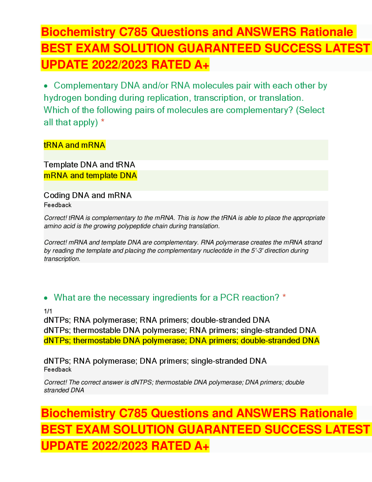 Biochemistry C785 Questions And Answers Rationale Best Exam Solution