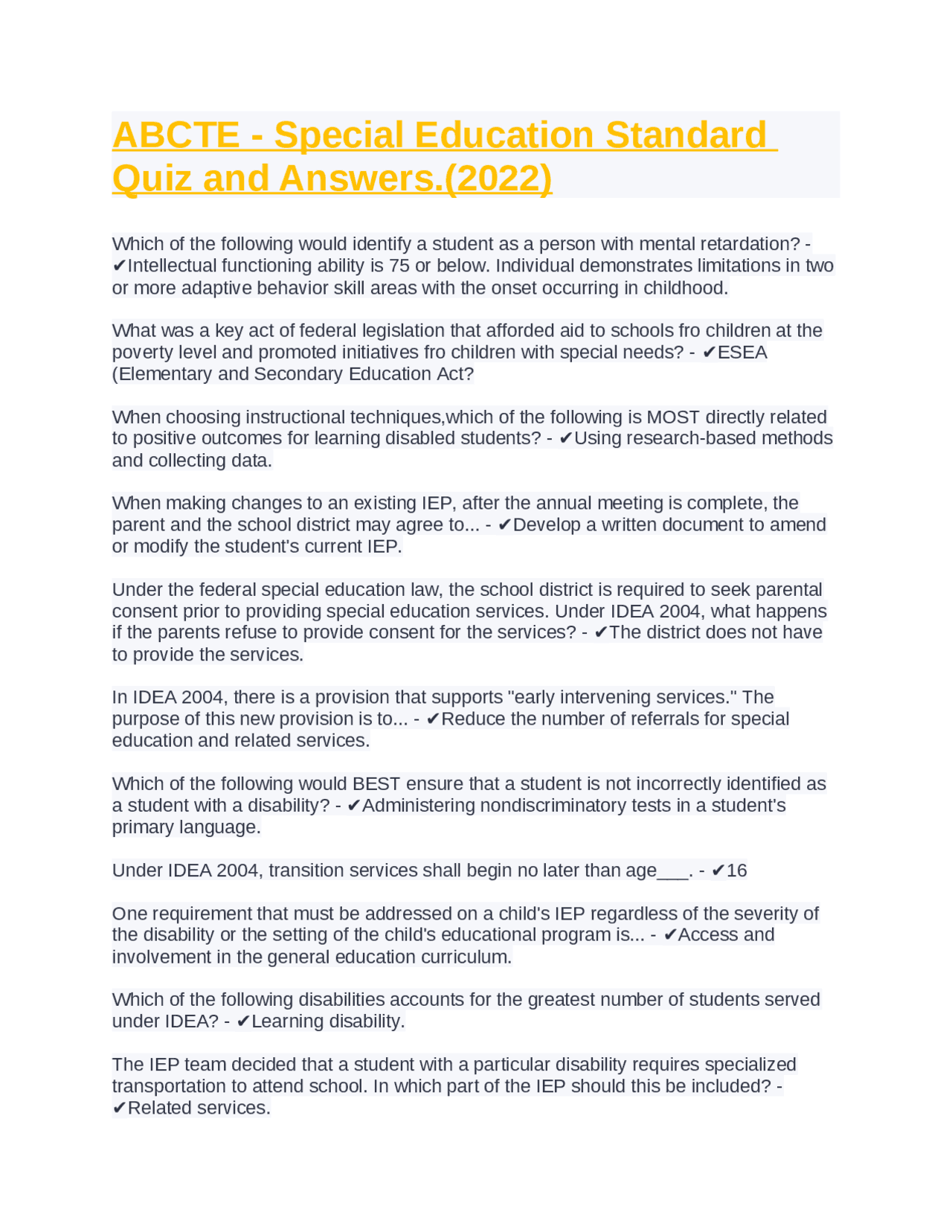 ABCTE - Special Education Standard Quiz and Answers.(2022) | Exams ...