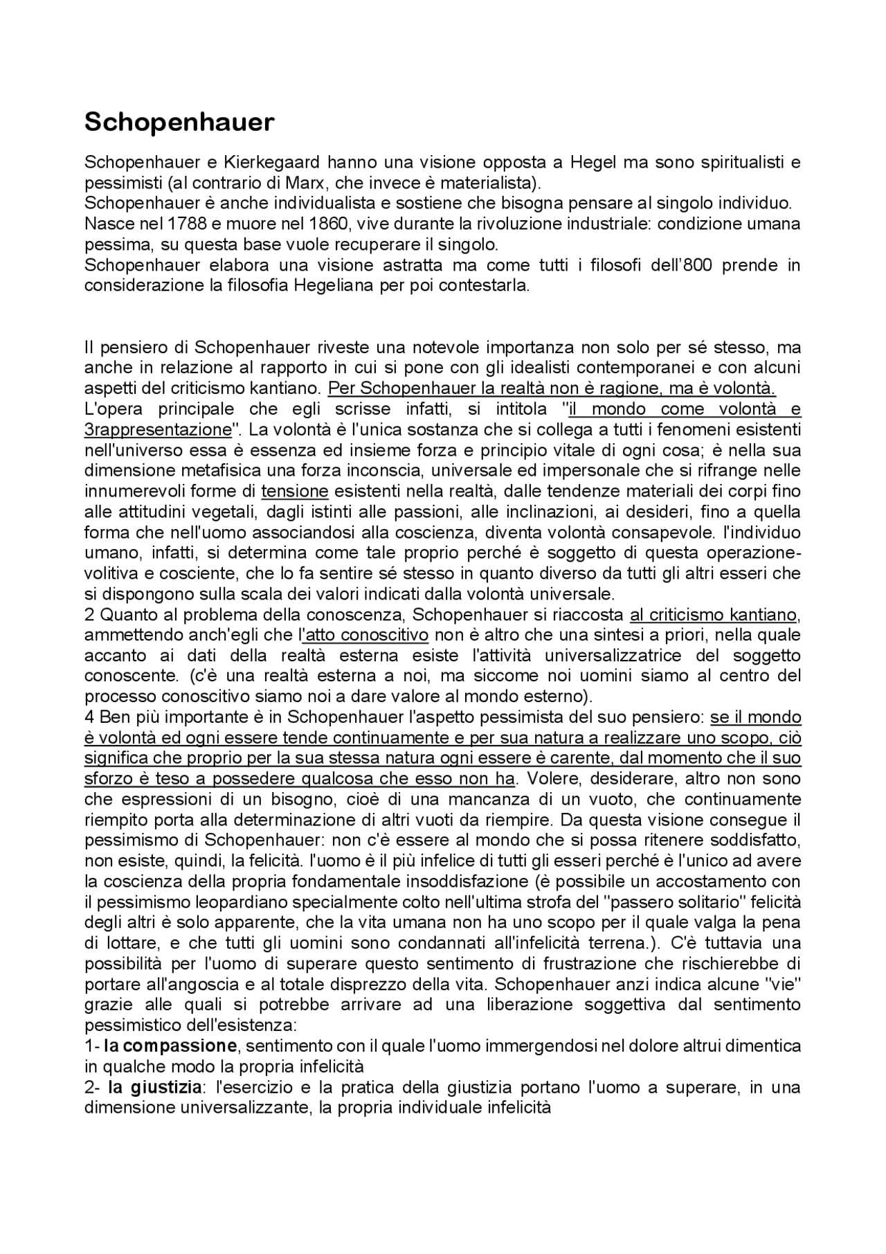 Schopenhauer: riassunto | Appunti di Filosofia | Docsity