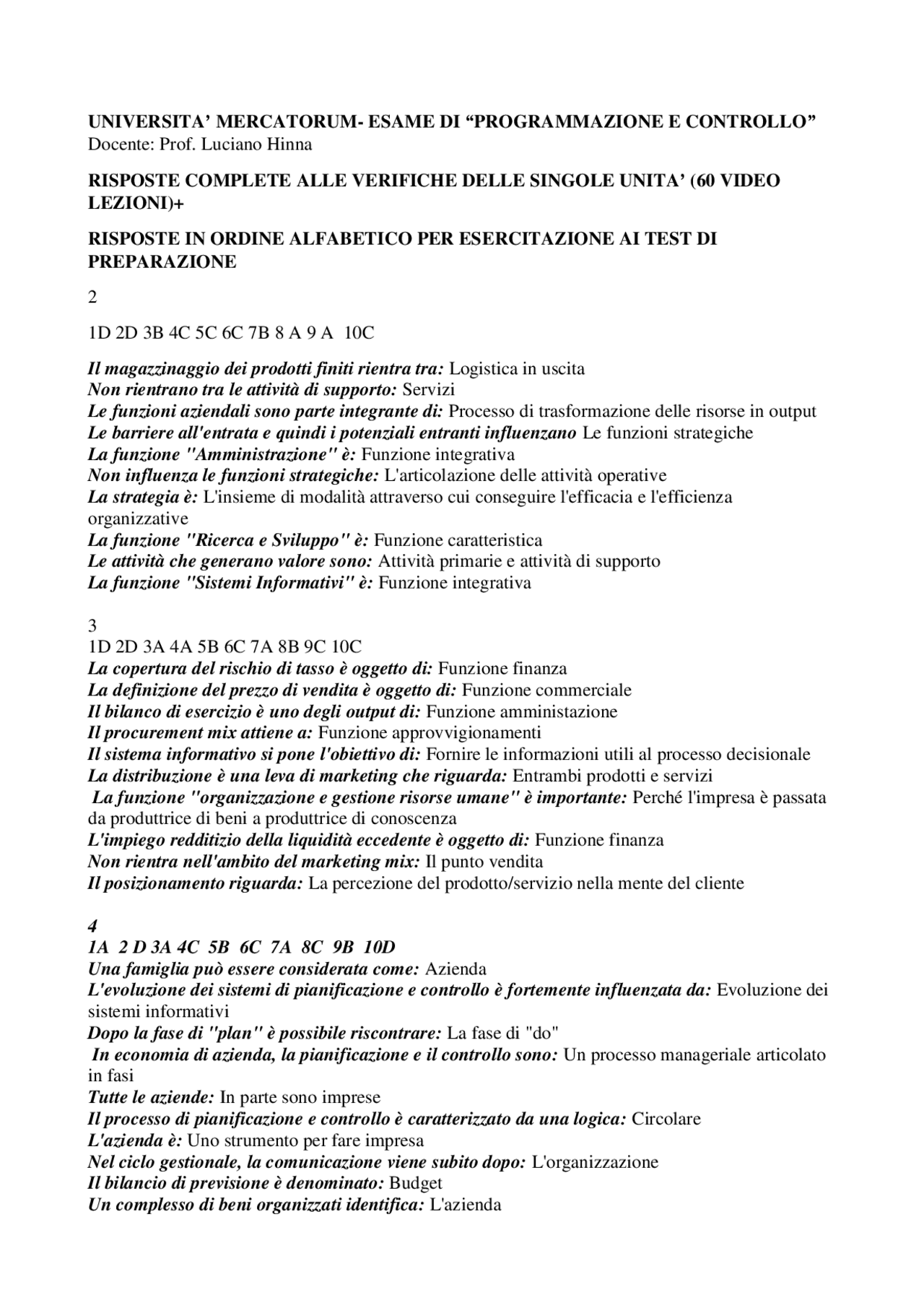 PROGRAMMAZIONE E CONTROLLO- esame completo 60 unità e test esame ...