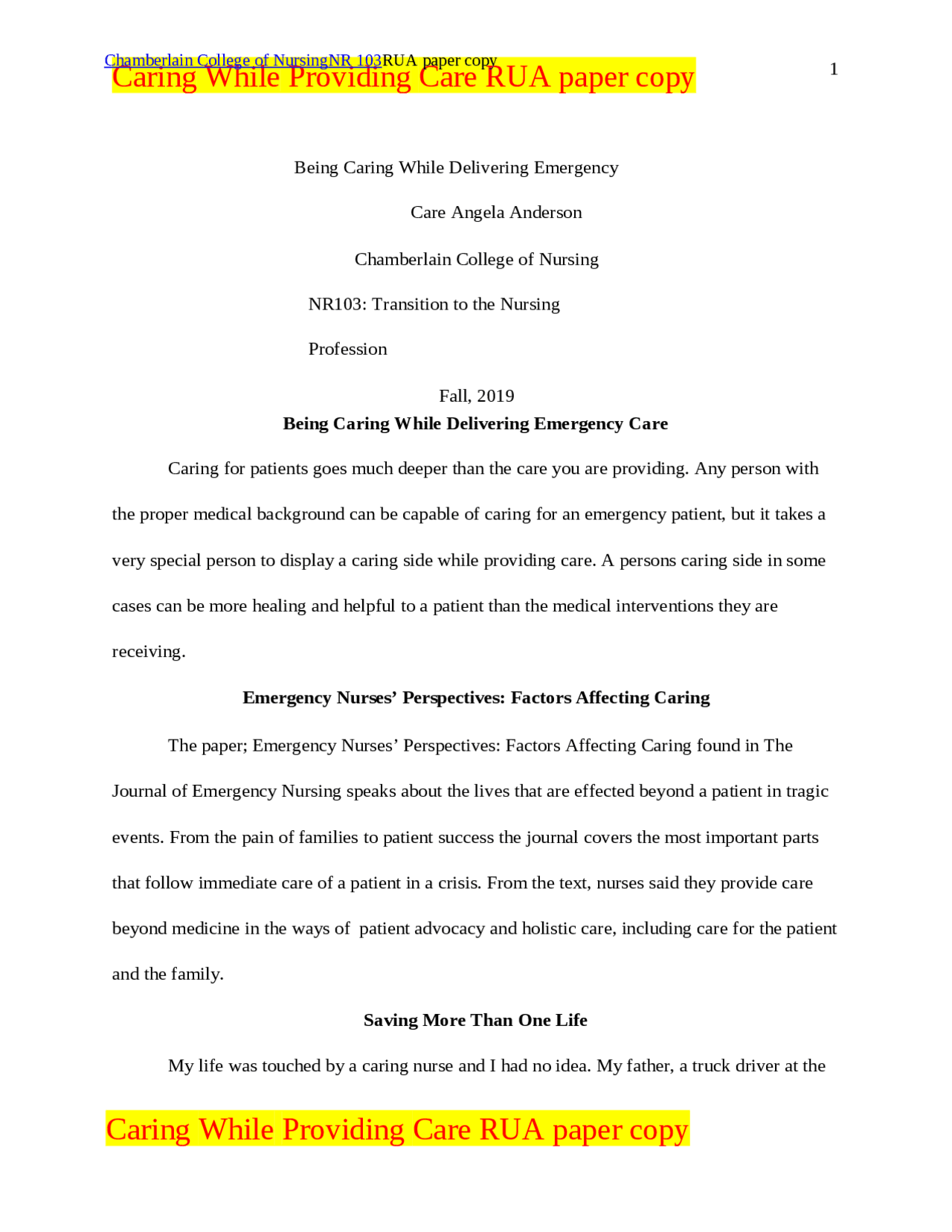 Caring While Providing Care Rua Paper Copy Exercises Nursing Docsity