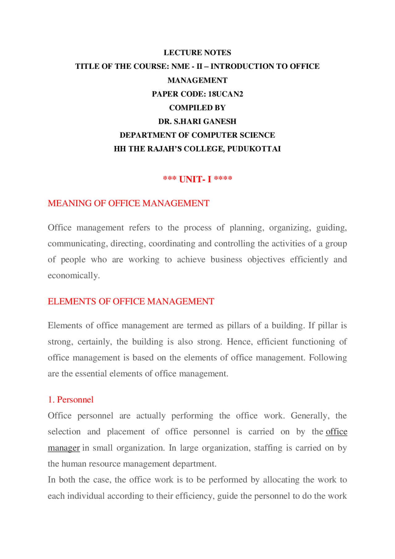 Office Management: Elements, Functions, and Records | Lecture notes ...