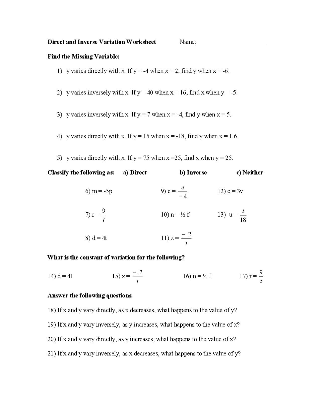 Direct and Inverse Variation Worksheet Name | Exams Linear Algebra ...