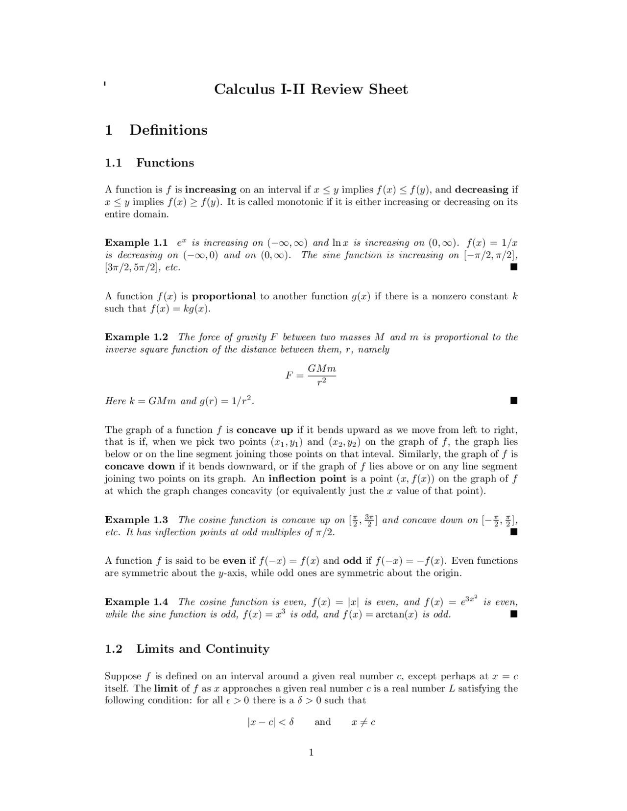 Calculus I-II Review Sheet 1 Definitions | Lecture notes Calculus | Docsity