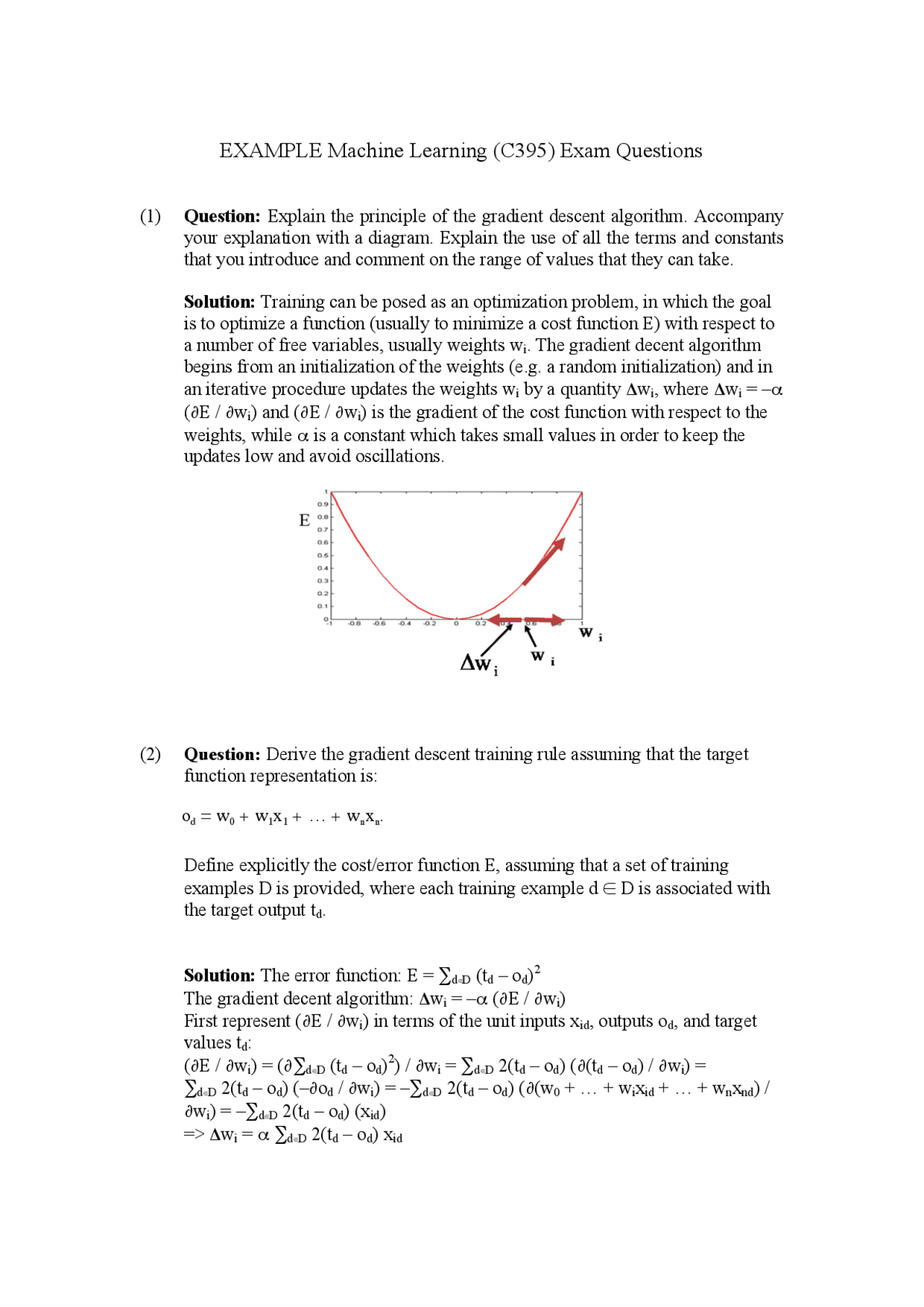 Example Machine Learning C395 Exam Questions Lecture Notes Machine