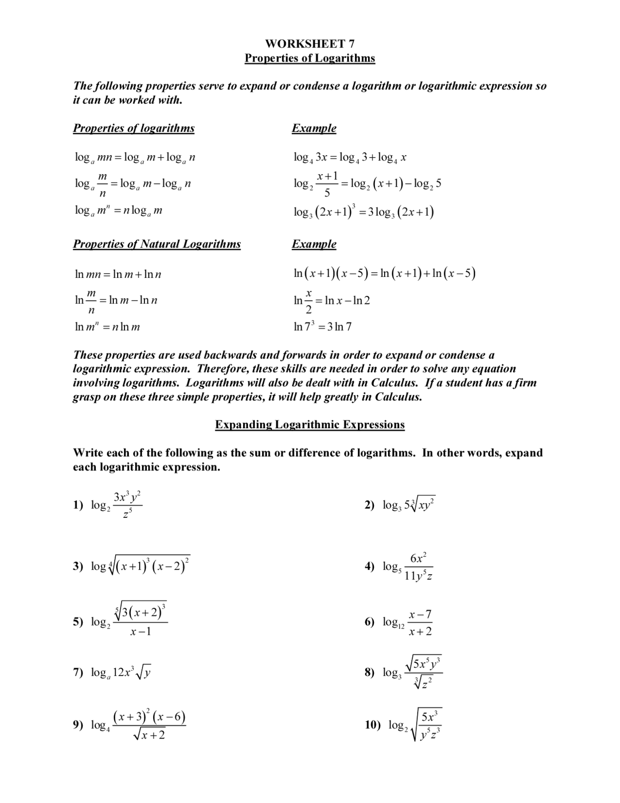 Logarithm Properties Worksheet