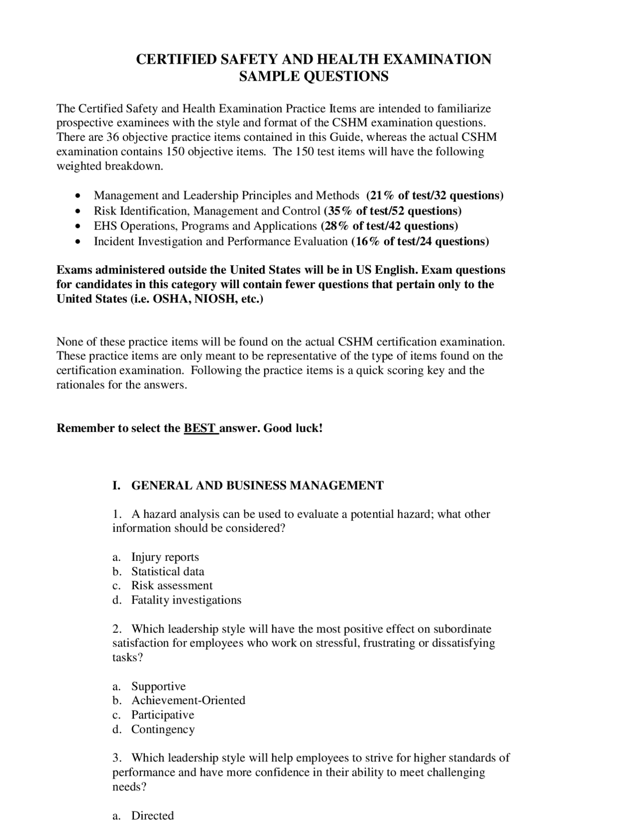 certified-safety-and-health-examination-sample ... | Slides Law | Docsity