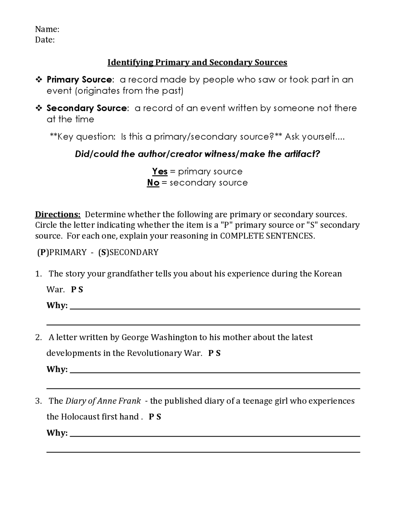 Worksheet for Identifying Primary and Secondary Sources | Schemes and ...