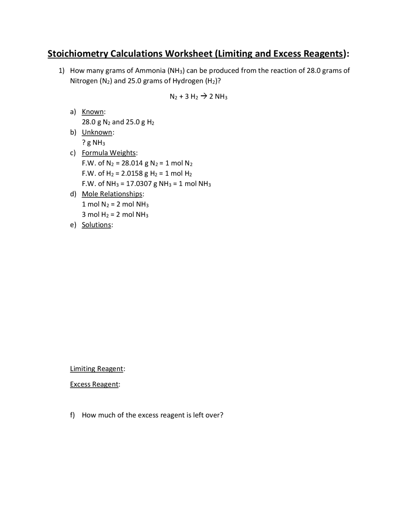 Stoichiometry Calculations Worksheet (Limiting and Excess ...