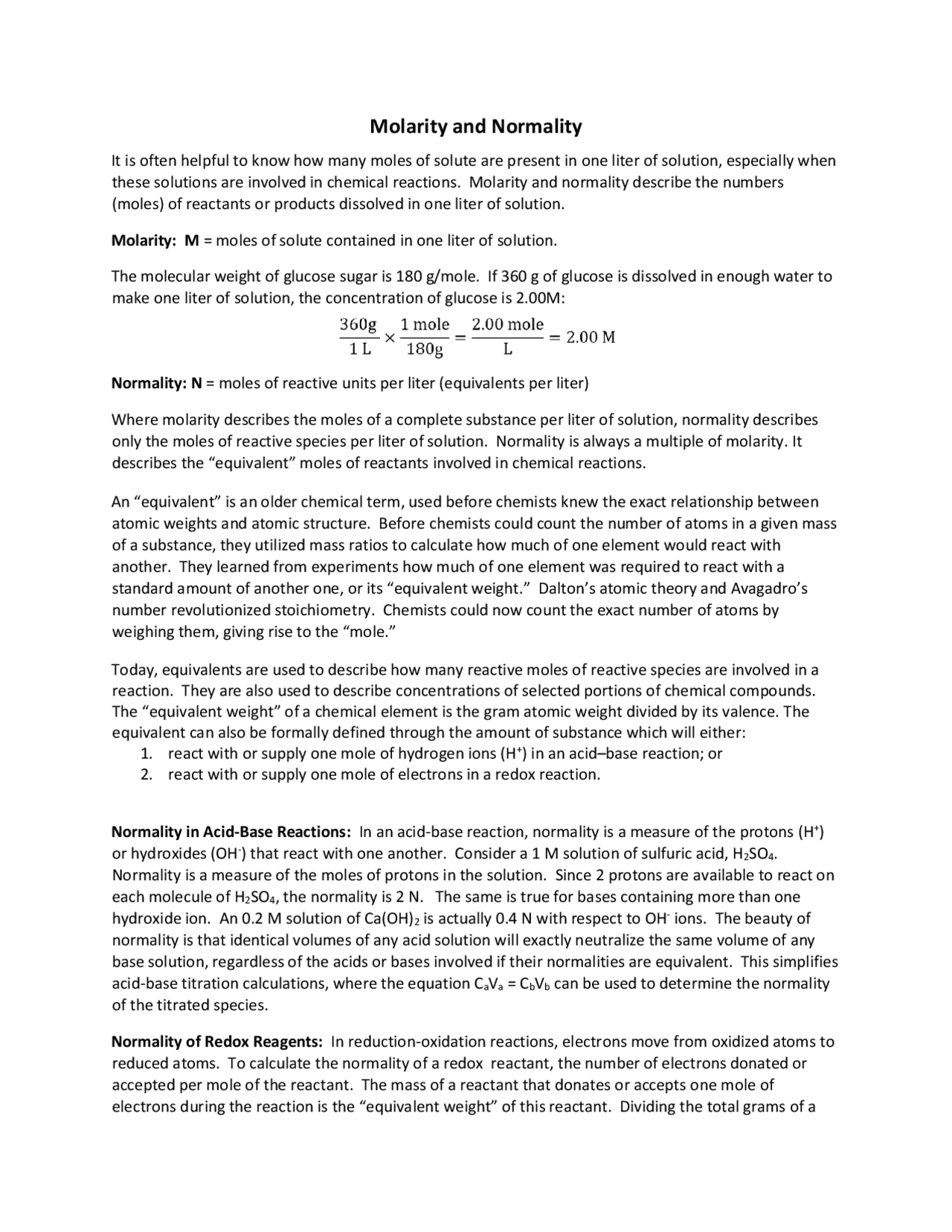 Molarity And Normality Lecture Notes Chemistry Docsity