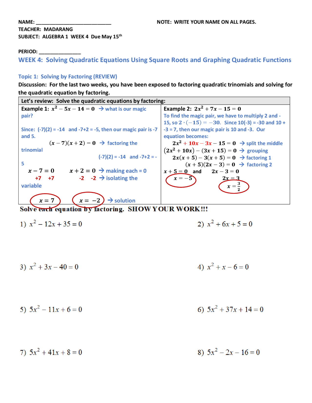 Week 4 Solving Quadratic Equations Using Square Roots Exams