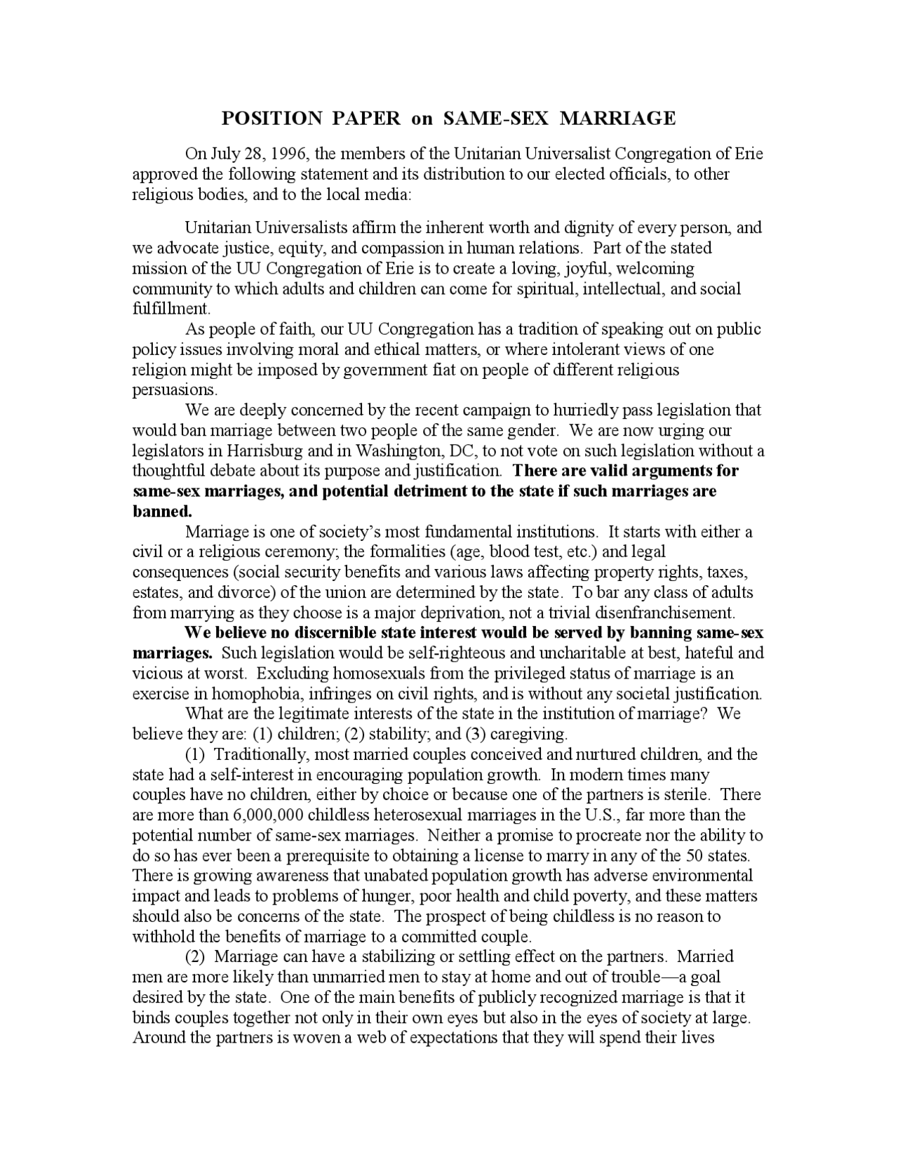 POSITION PAPER on SAME-SEX MARRIAGE | Lecture notes Religion | Docsity